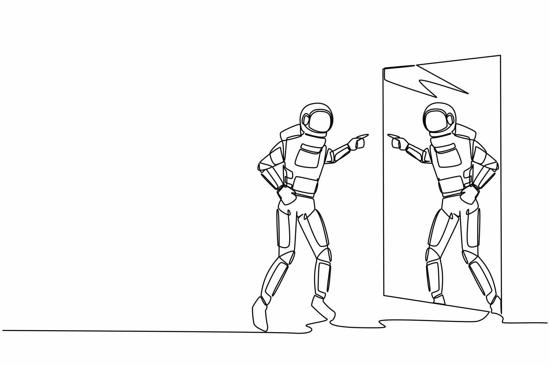 Continuous one line drawing angry astronaut fight with mirror ... Continuous one line drawing angry astronaut fight with mirror ...