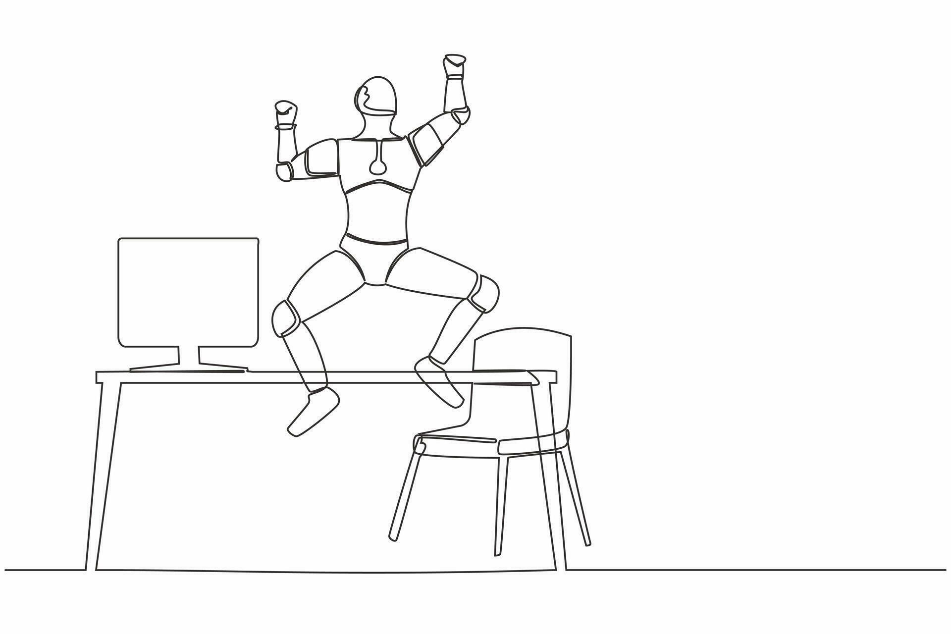 Single continuous line happy robot jumping with raised hands near desk ...