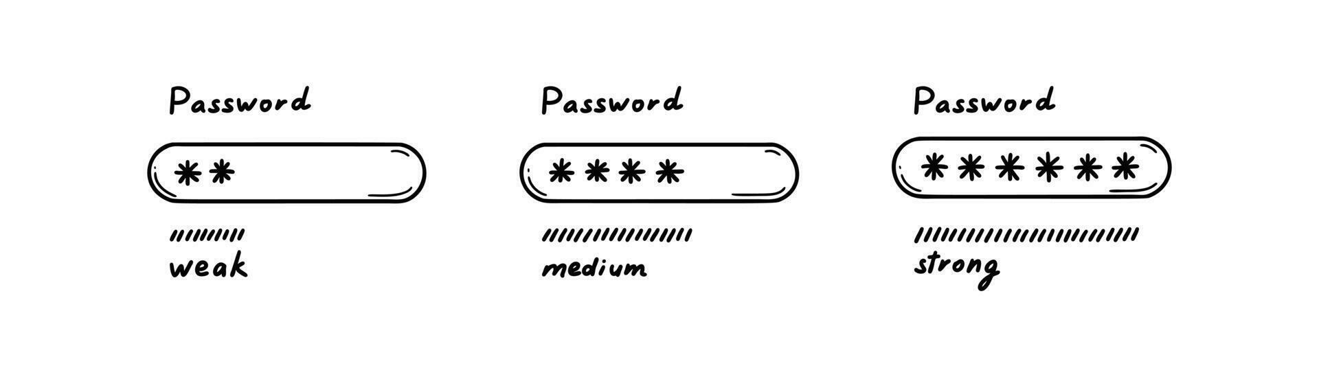 Doodle strong, weak, medium password concept. Hand drawn sketch login ...