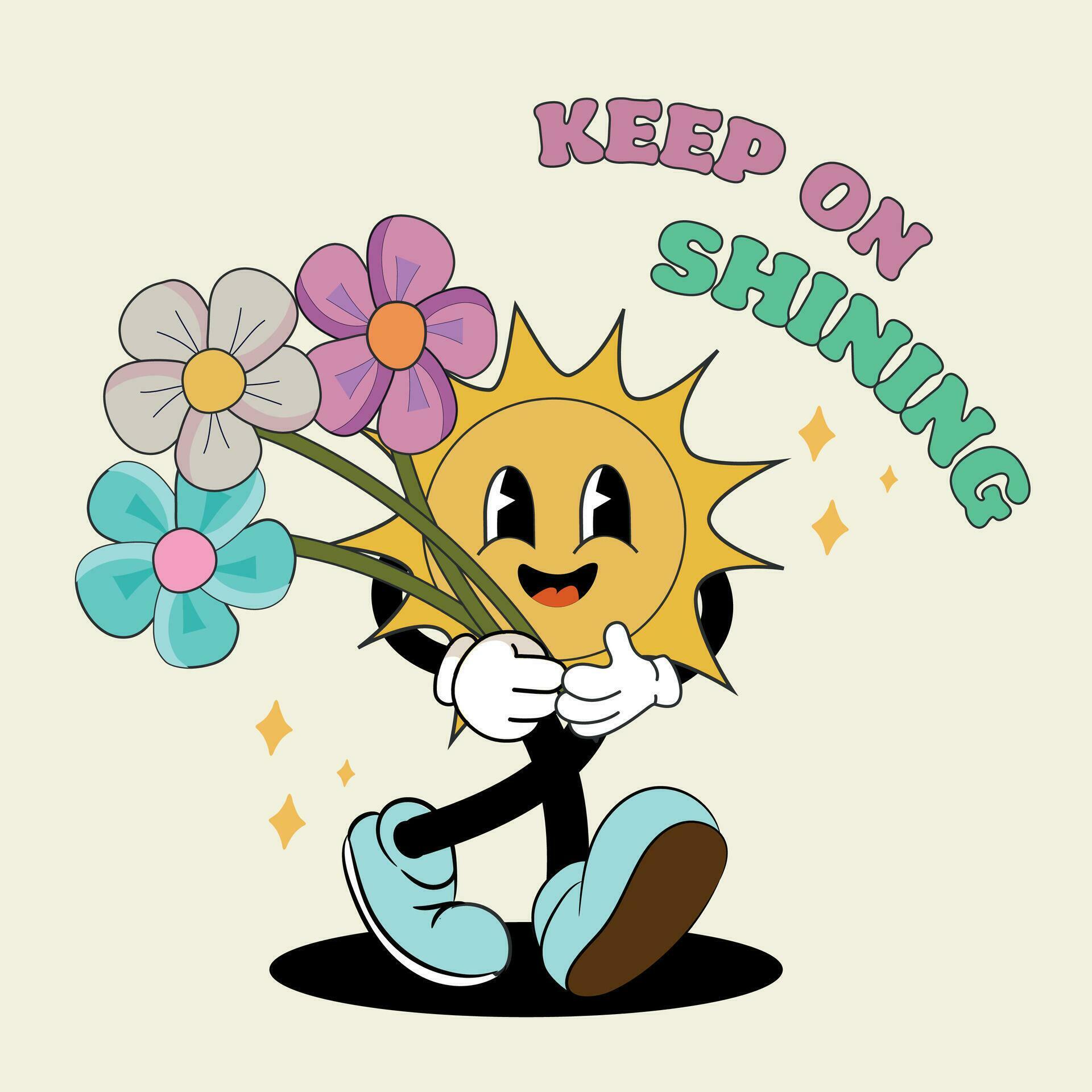 Groovy Retro Clipart With Cute Sun 60s 70s 80s Cartoon Style