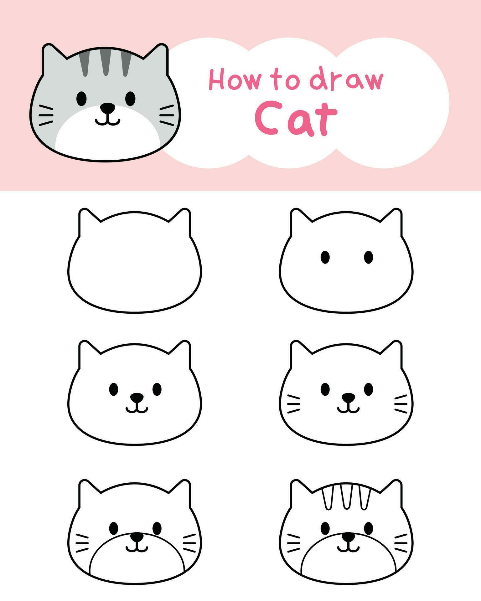 How to draw cute cat cartoon step by step for learning, kid, education ...