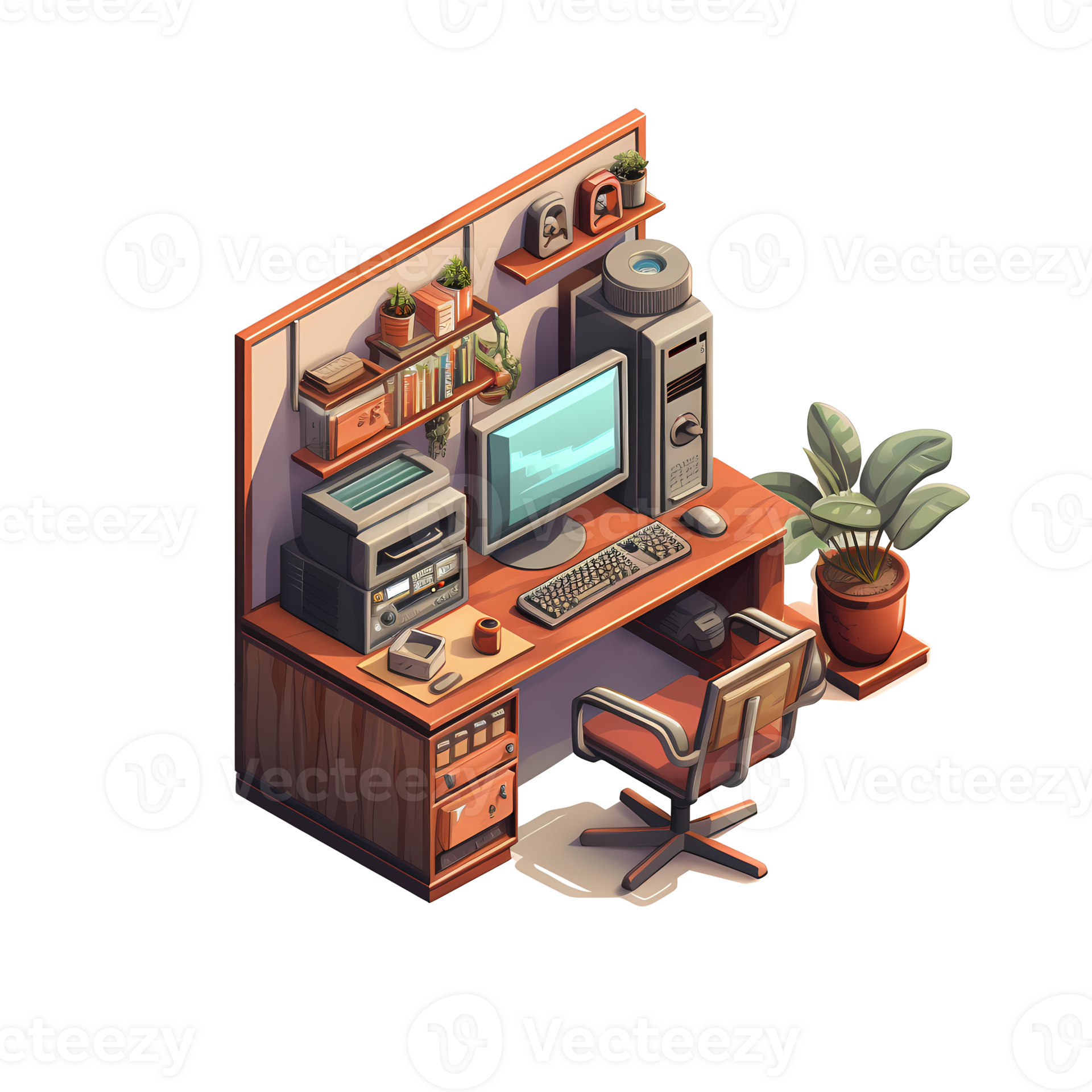 Ai Generated Computer Desk With Computer Monitor Keyboard Mouse And Printer 33203748 Png