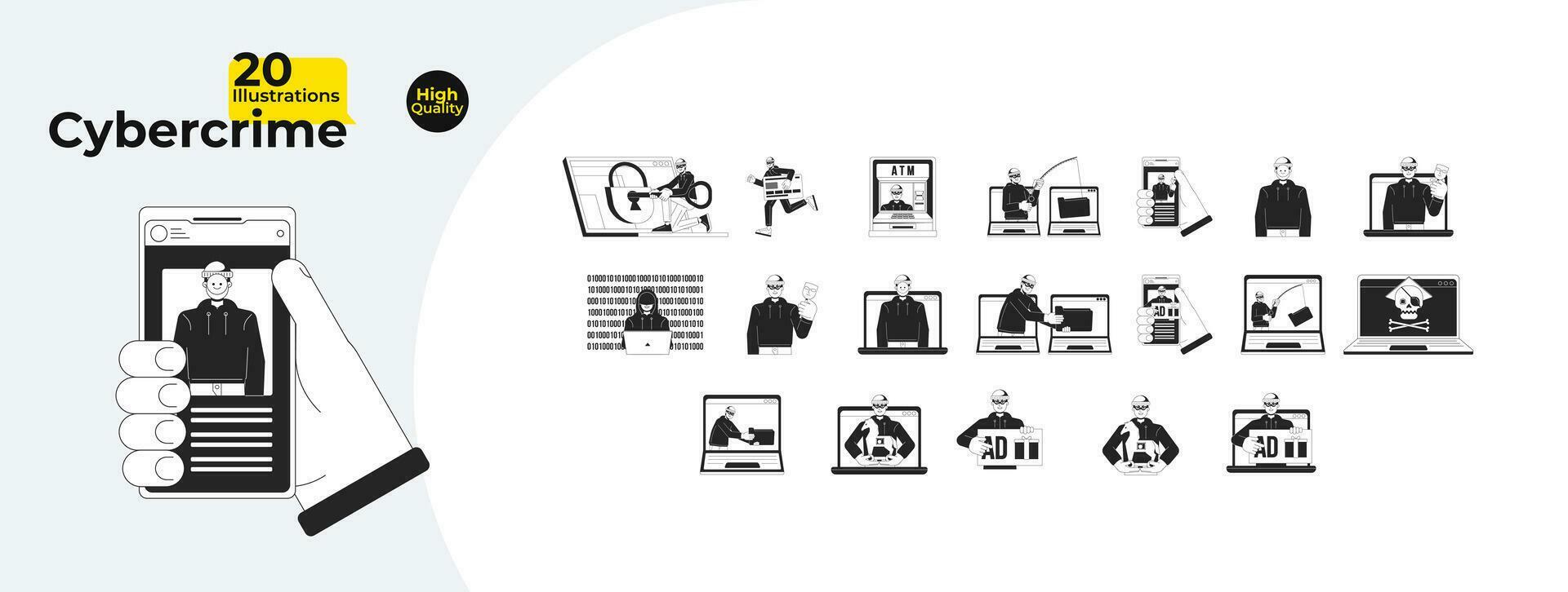 Cybercrime black and white 2D illustration concepts bundle. Cyber fraud ...