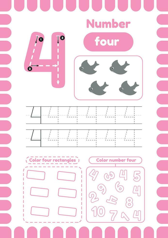 Learn number four. Activity page for preschool kids education. Color ...