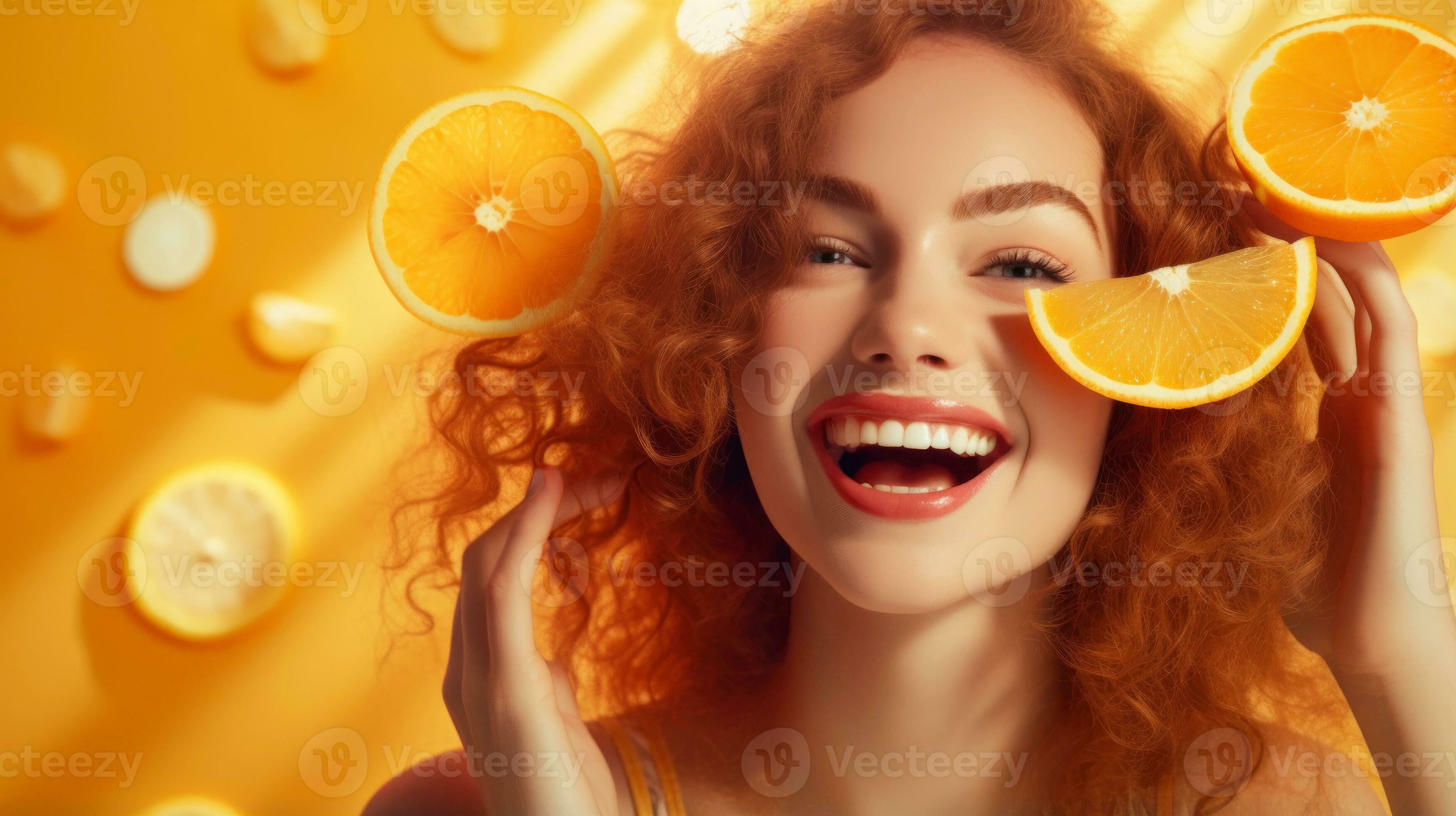 Beautiful Joyful teen model girl takes Juicy oranges slices with funny red hairstyle and ...