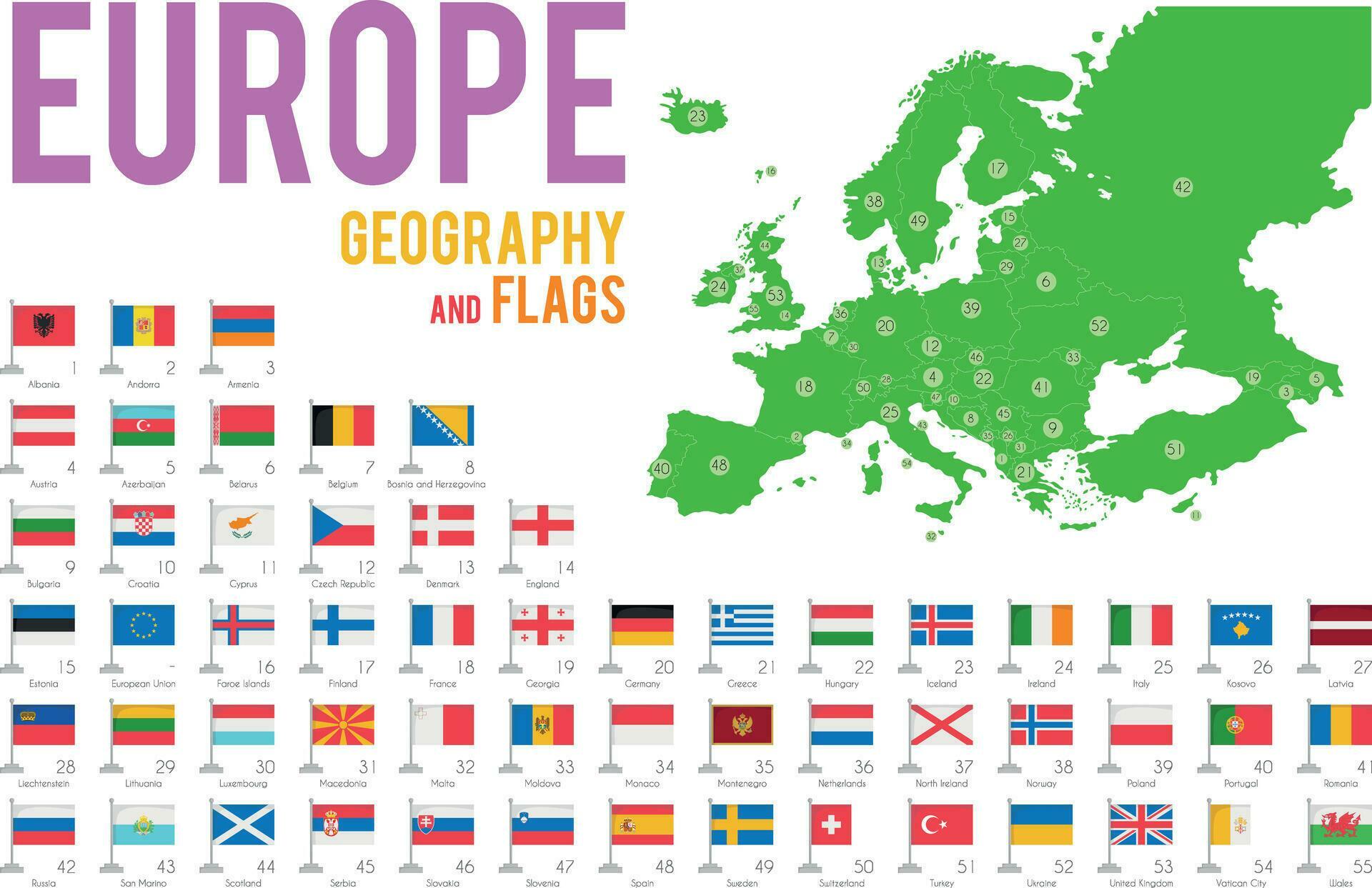 Set of 56 flags of Europe isolated on white background and map of ...