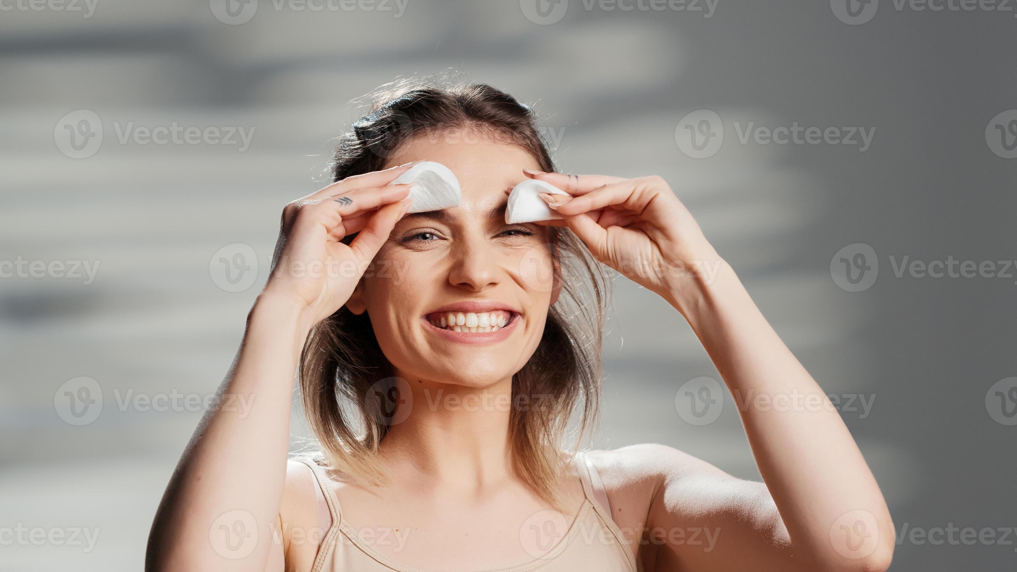 Cheerful Beauty Model Playing With Cotton Pads On Camera Enjoying