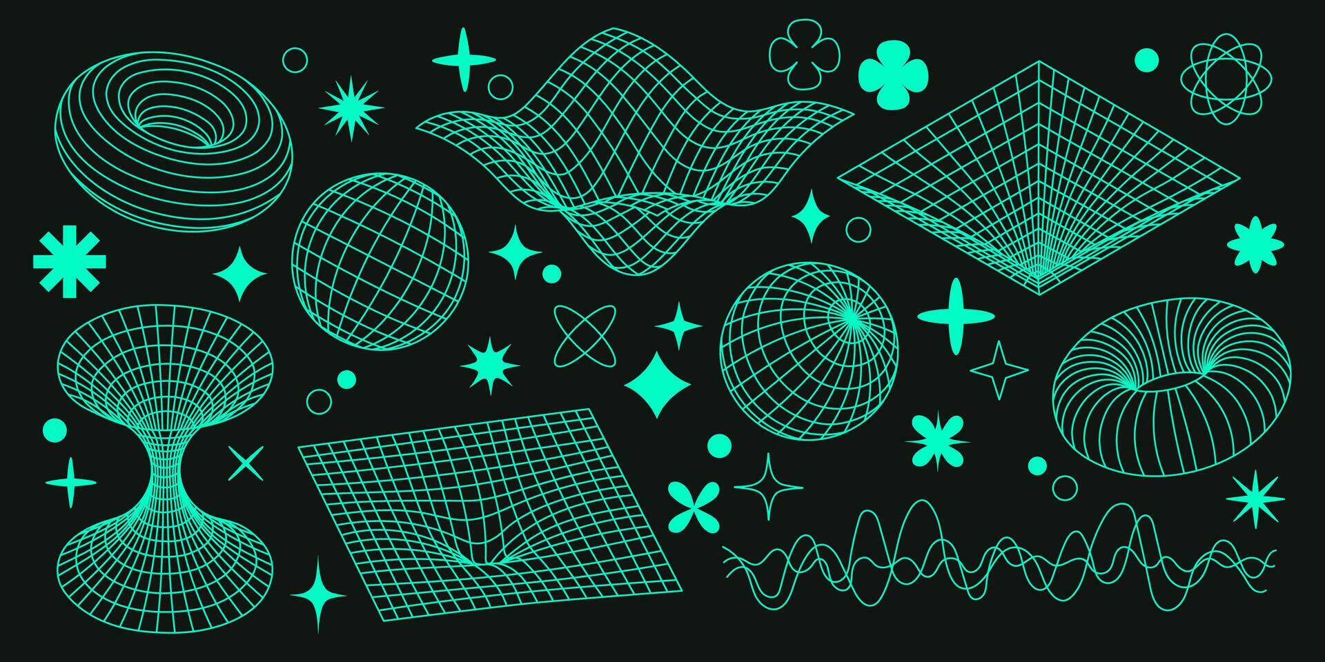 Retro futuristic set. Blue surreal geometric shapes, wireframe ...