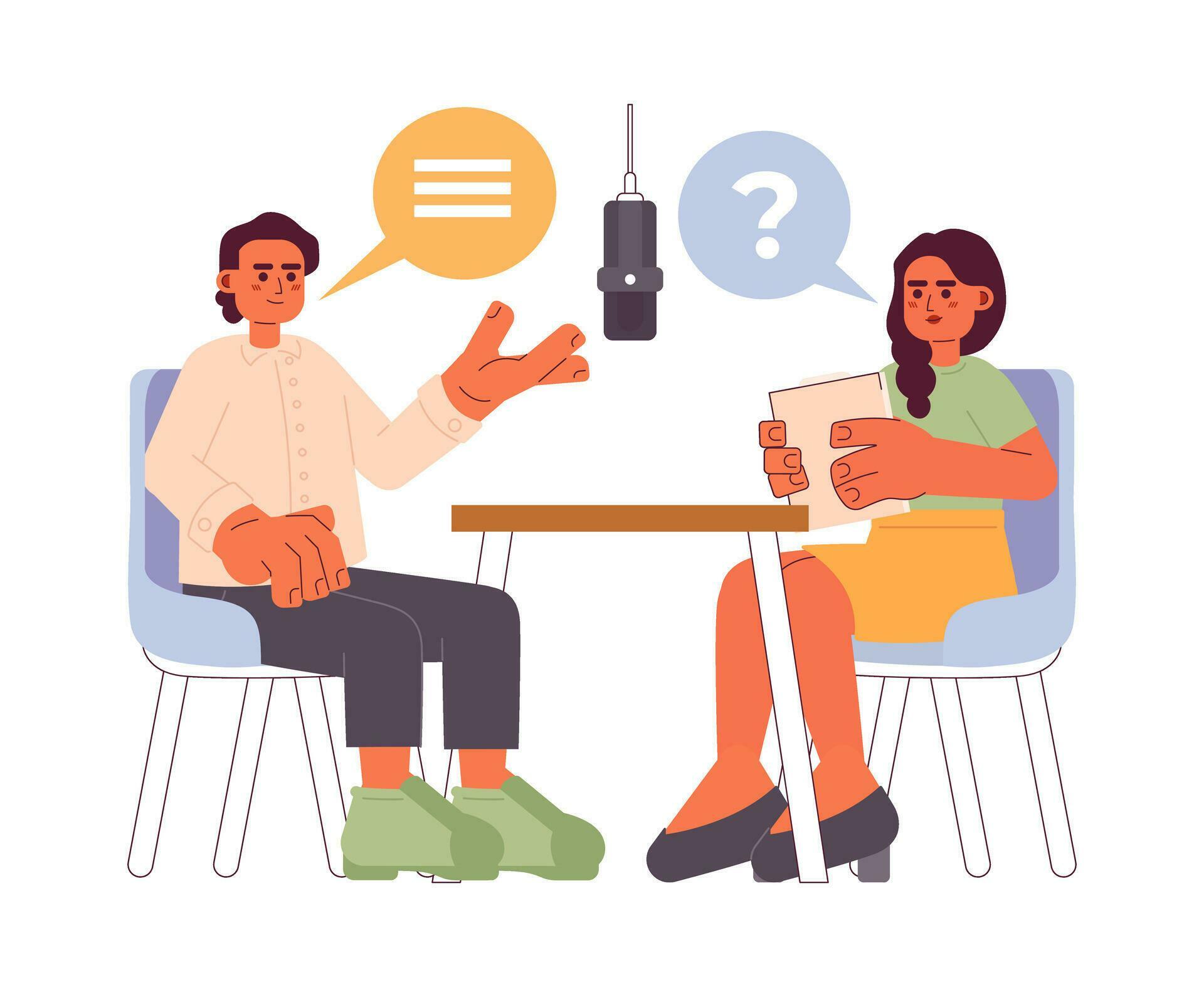 Interview podcast cartoon flat illustration. Indian young adult woman ... Interview podcast cartoon flat illustration. Indian young adult woman ...