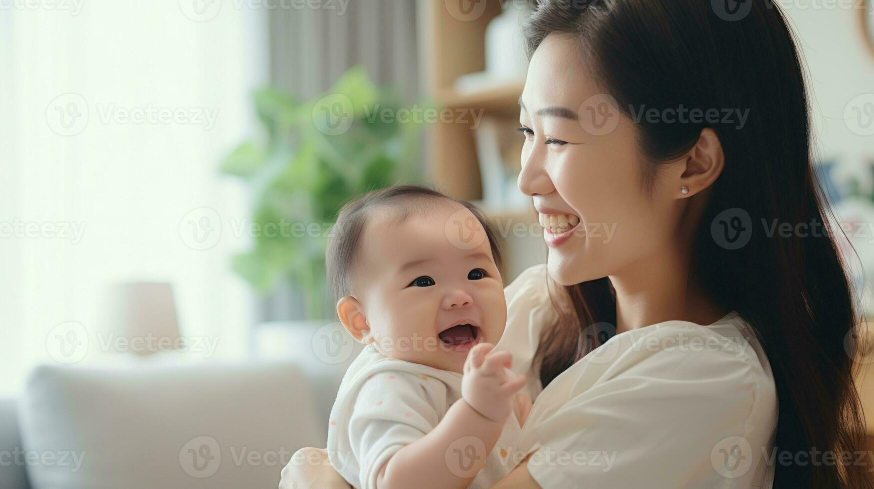 Happy smile mother takes care and hold her cute baby, selective focus AI Generated 33228170 ...