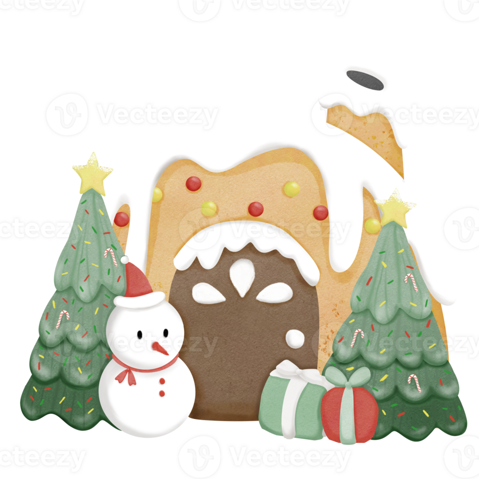 Un Pan De Jengibre Casa Con Monigote De Nieve Y Navidad árbol 33229068 Png