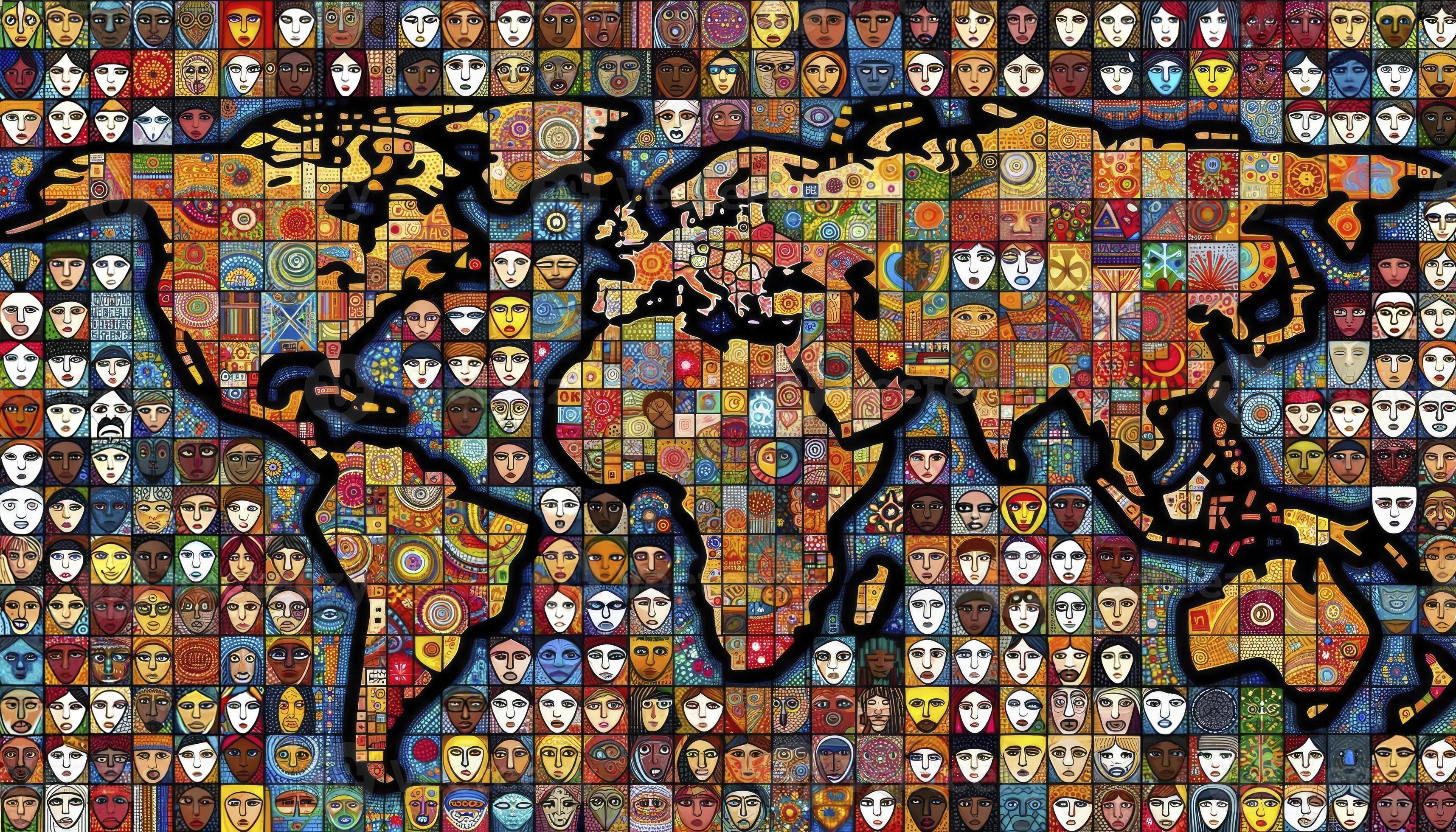 An illustration depicting a colorful mosaic that forms a world map, with each tile representing ...