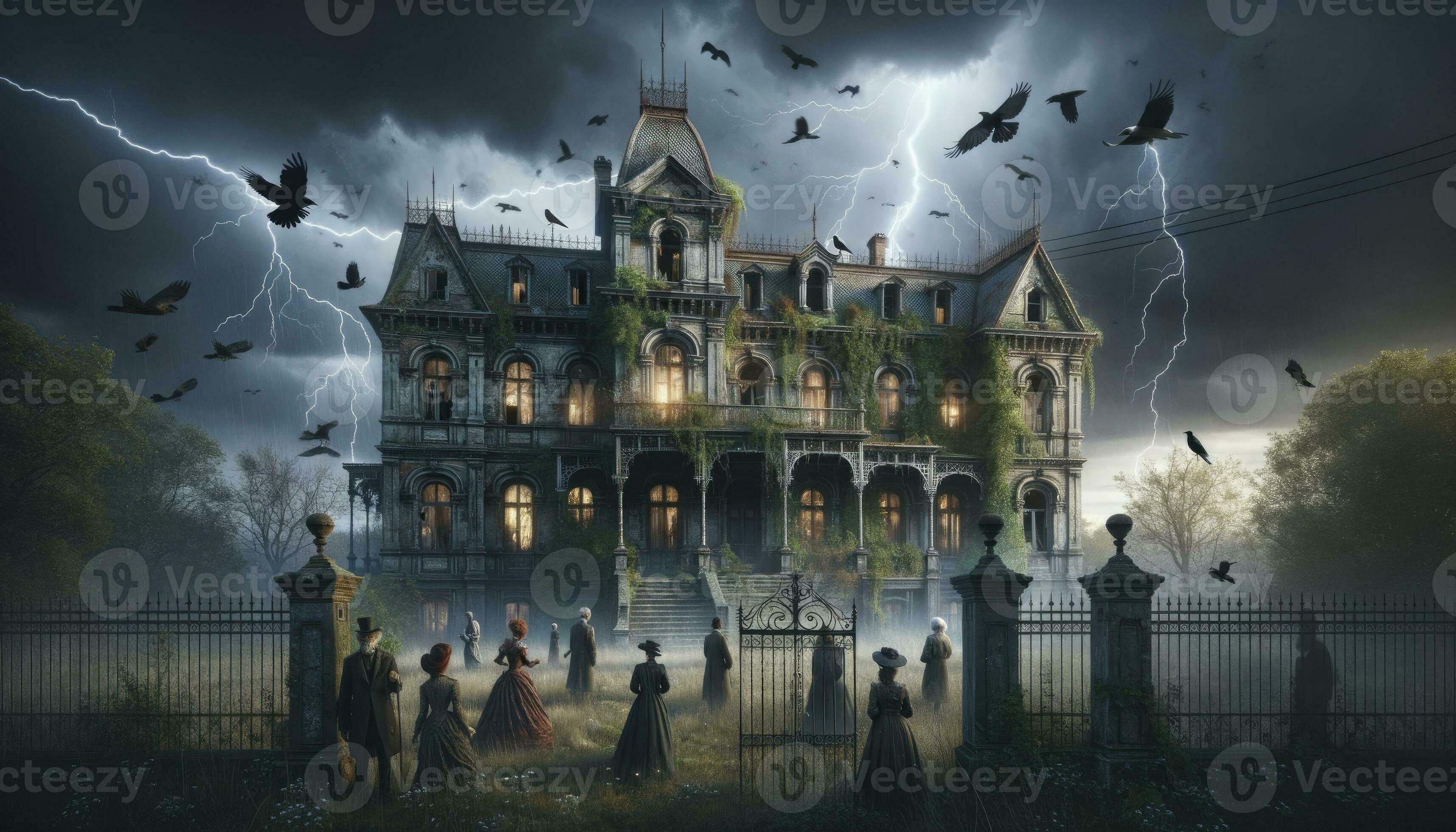 A dilapidated Victorian-era mansion under a stormy sky, with lightning ... A dilapidated Victorian-era mansion under a stormy sky, with lightning ...