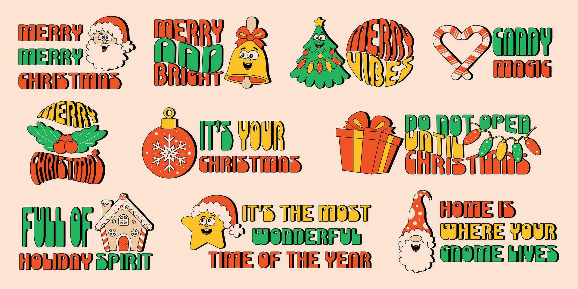 Set of Christmas design in retro style. Great 70's style Christmas ...