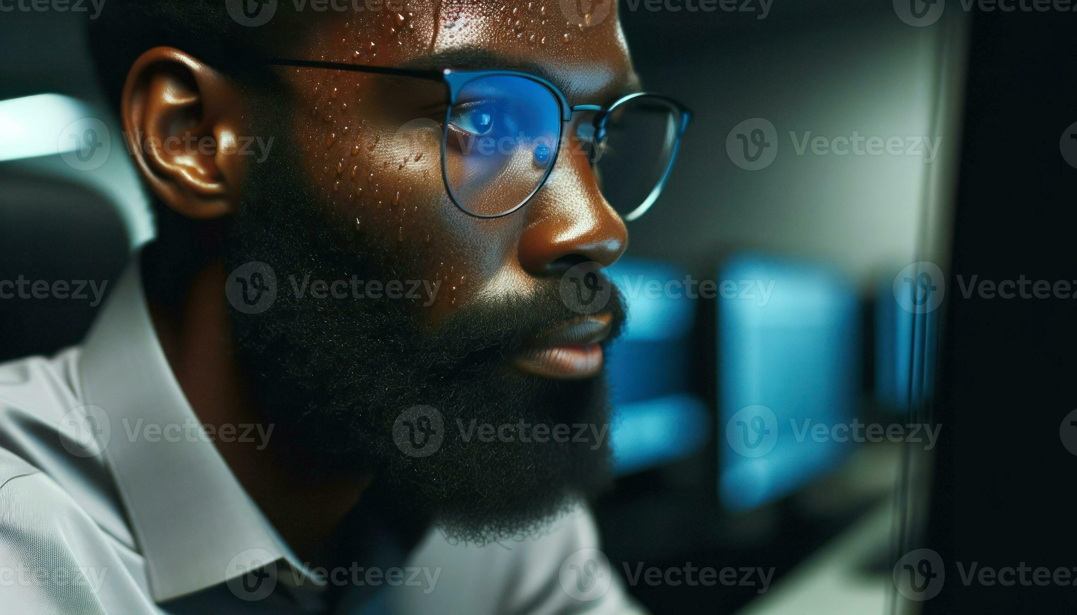 A man with glasses and a beard attentively observing a computer screen ...