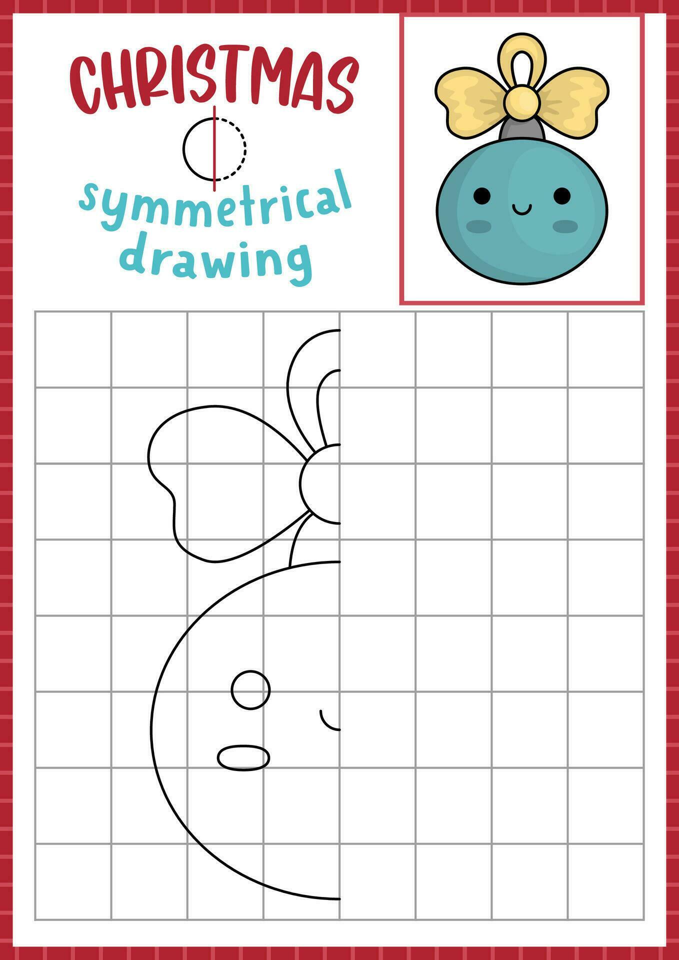 Christmas symmetrical drawing worksheet. Complete colored ball picture ...