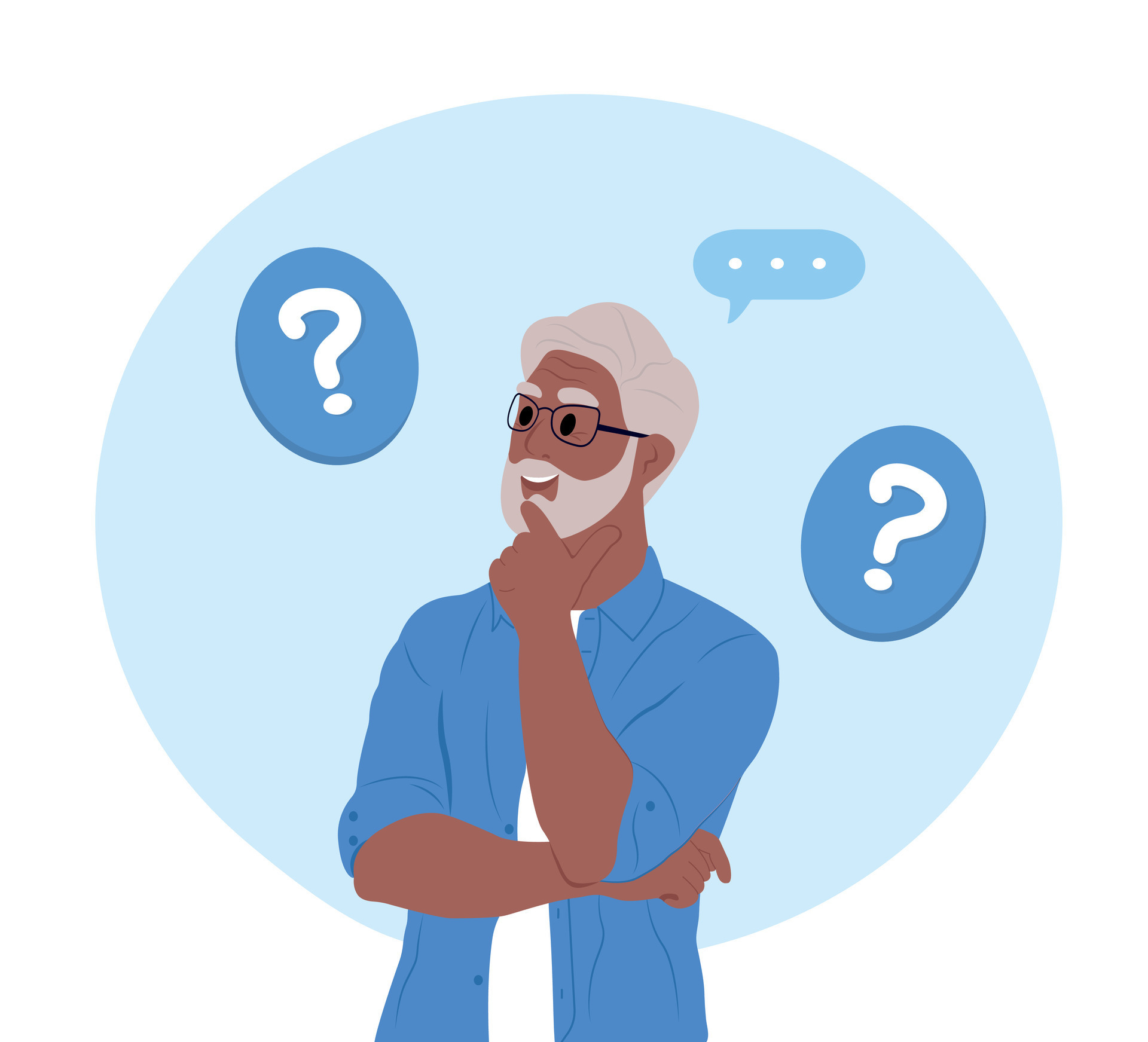 Elderly man makes a choice, thinks, analyzing two options. Make choice ...