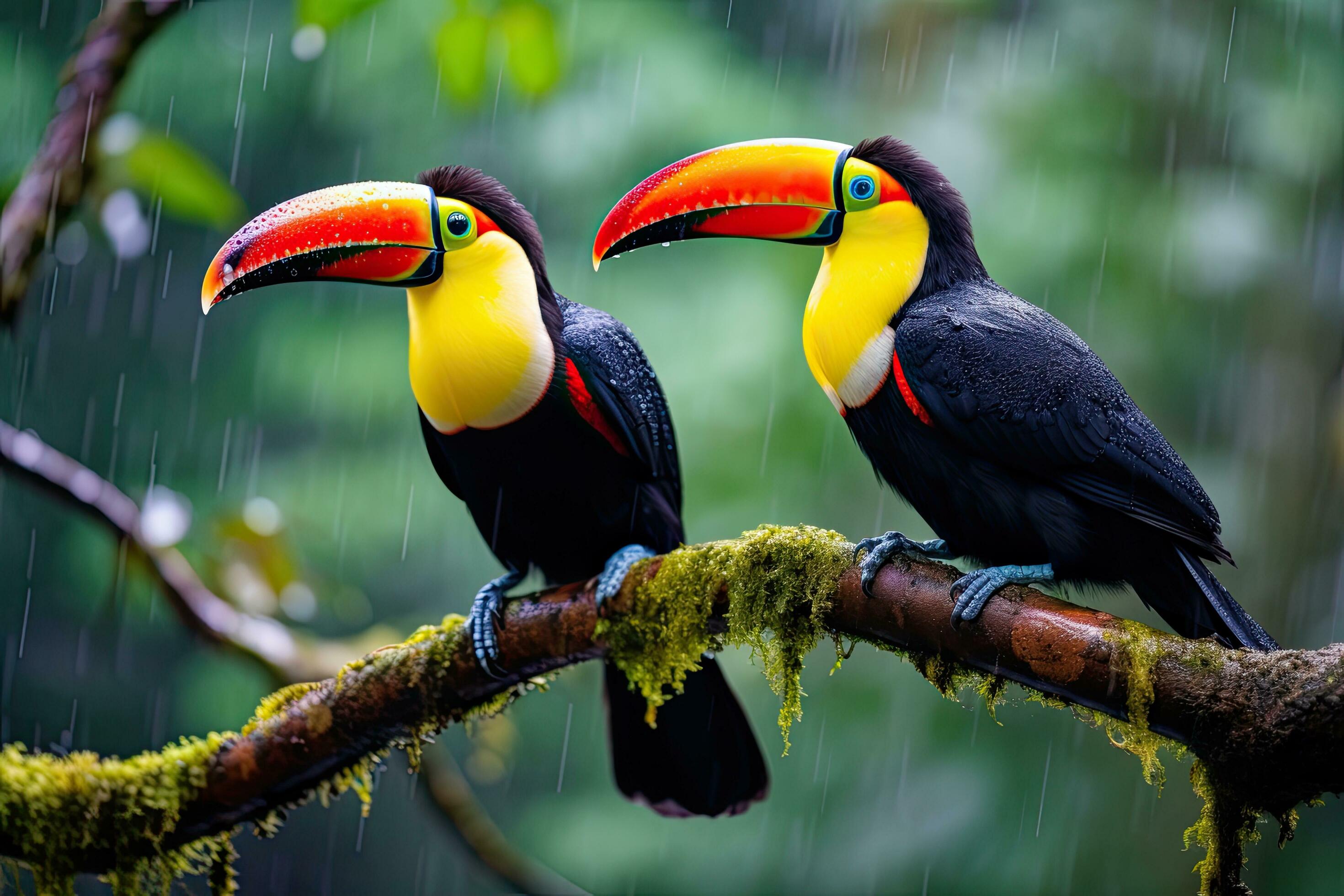 Toucan couple sitting on a branch in rain forest, Thailand, Two toucans sitting on the branch in ...