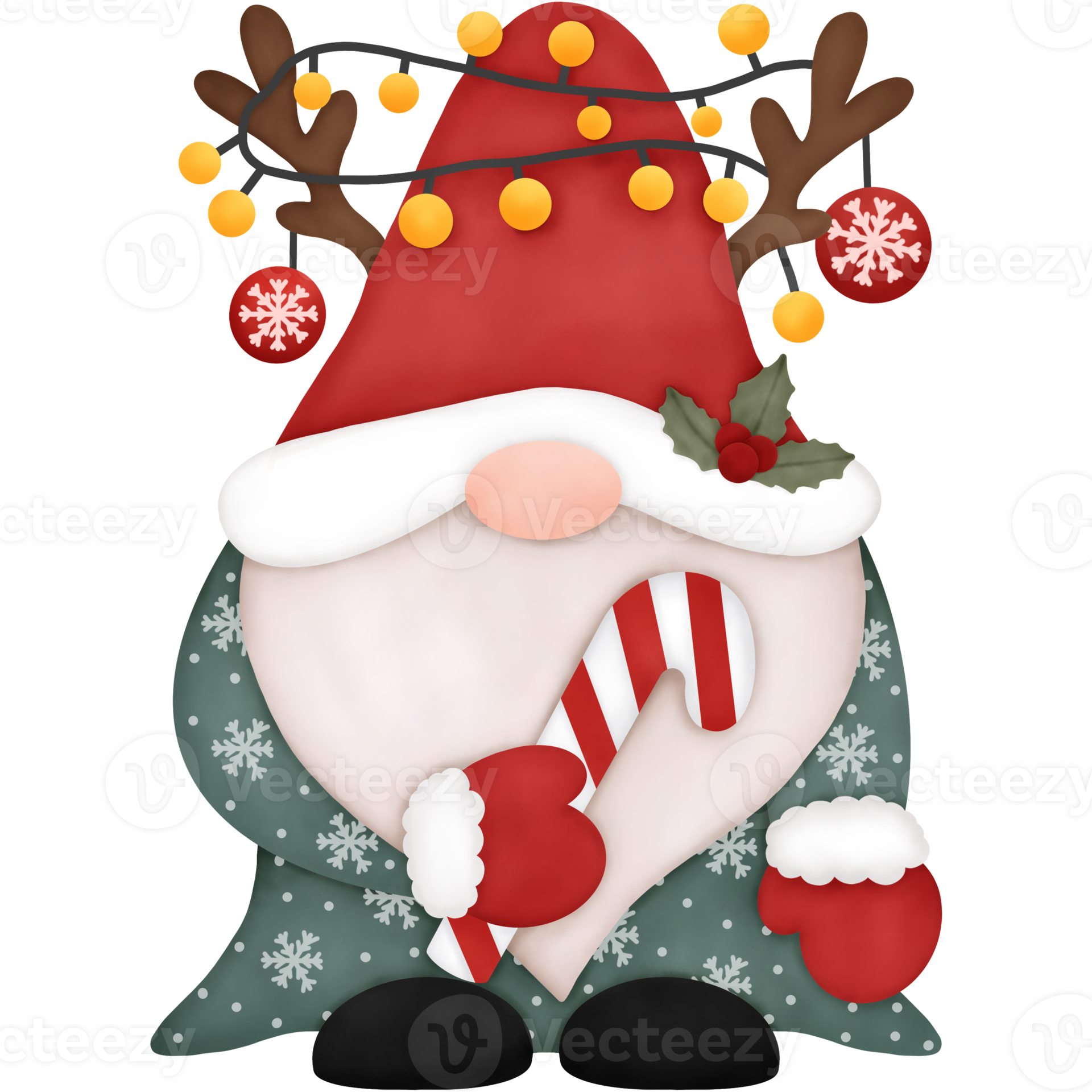 Watercolor Christmas Gnome with Santa Claus Hat and Antlers. 33259340 PNG
