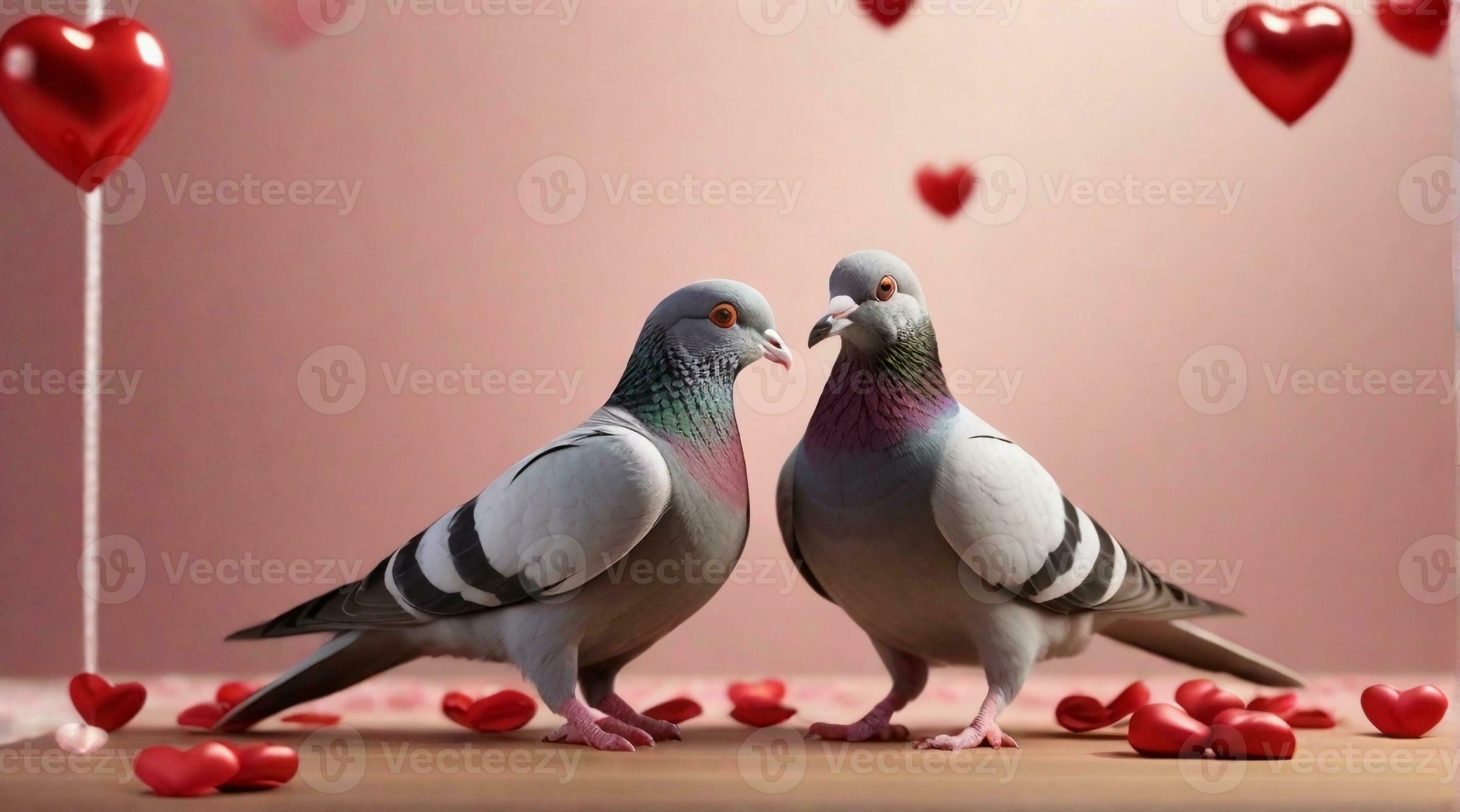 Pigeons playing against valentine's day ambience background with space for text, background ...