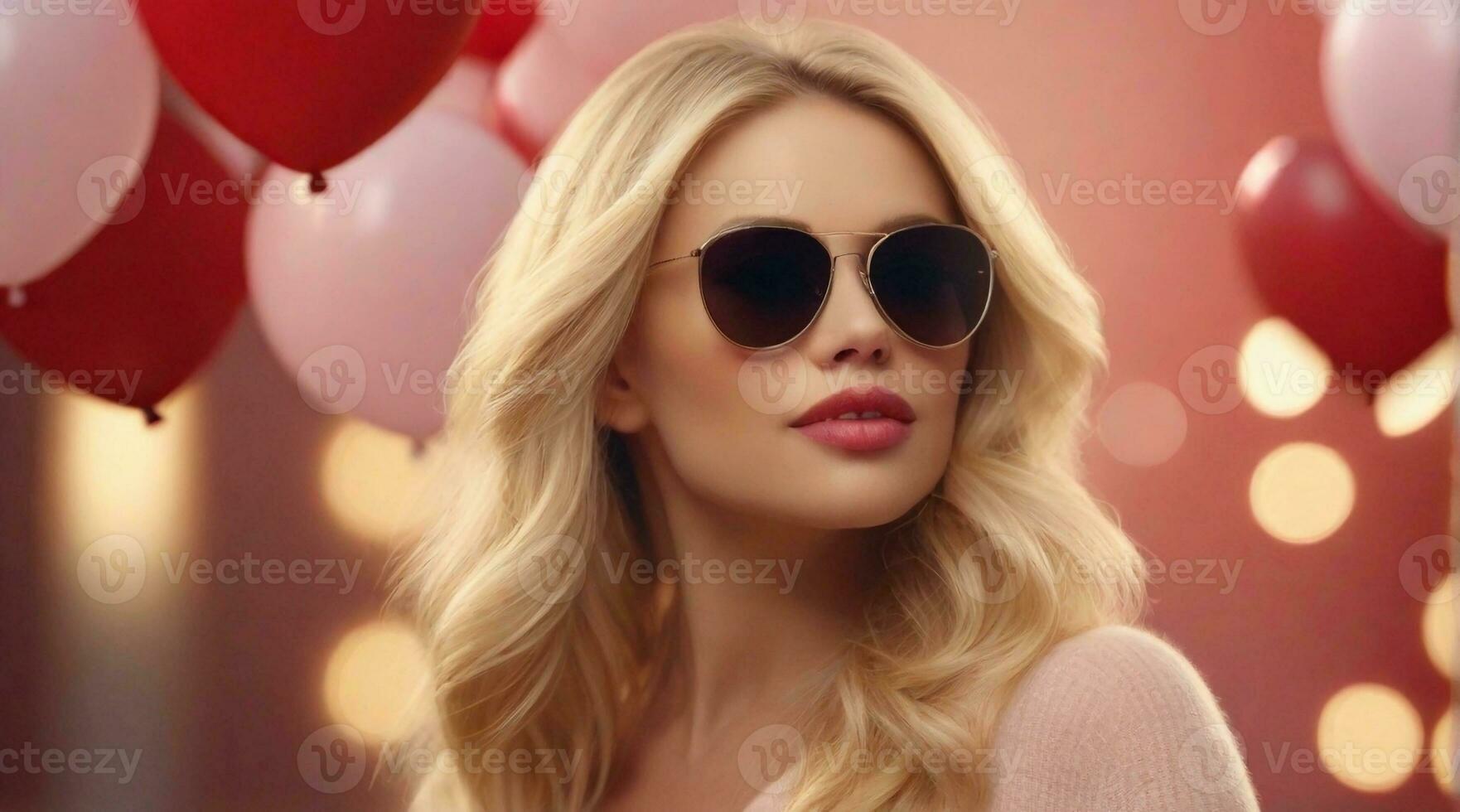 Beautiful Blonde Hair Female Wearing Sunglasses Against Valentines Day Ambience Background With