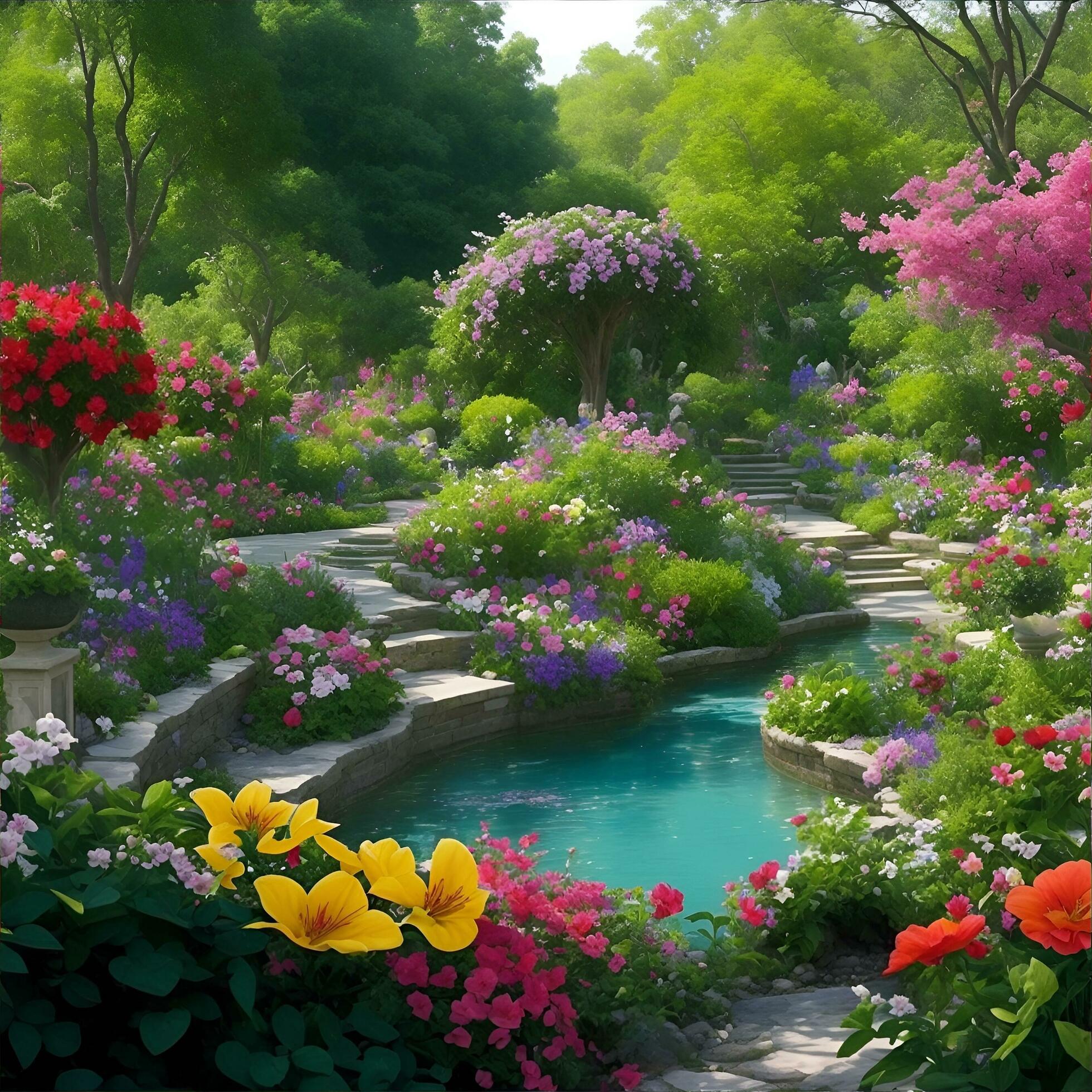 beautiful garden view with various flowers, AI generated. 33261444 ...
