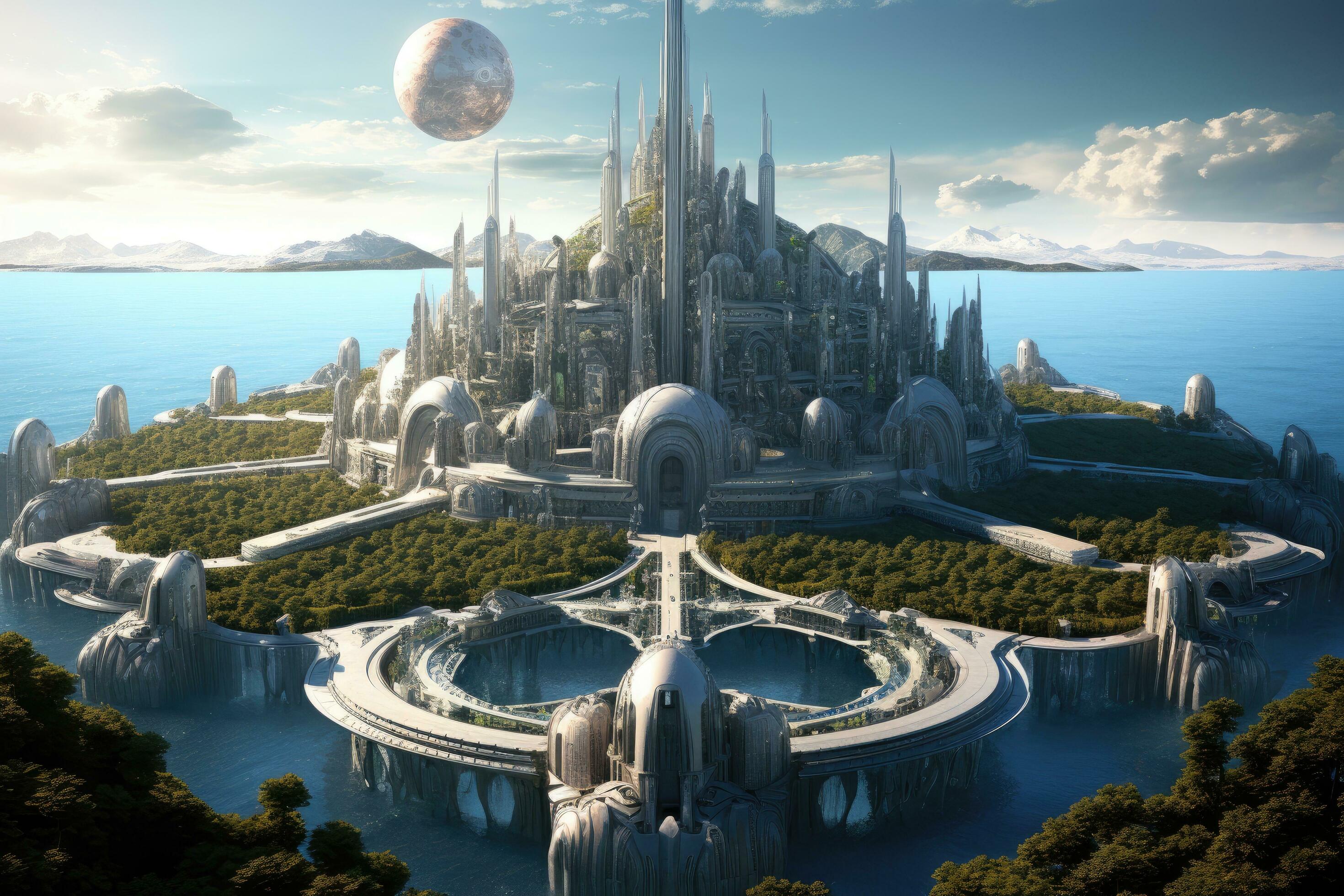 Fantasy alien planet. 3d render illustration. Fantasy world,Utopian ... Fantasy alien planet. 3d render illustration. Fantasy world,Utopian ...