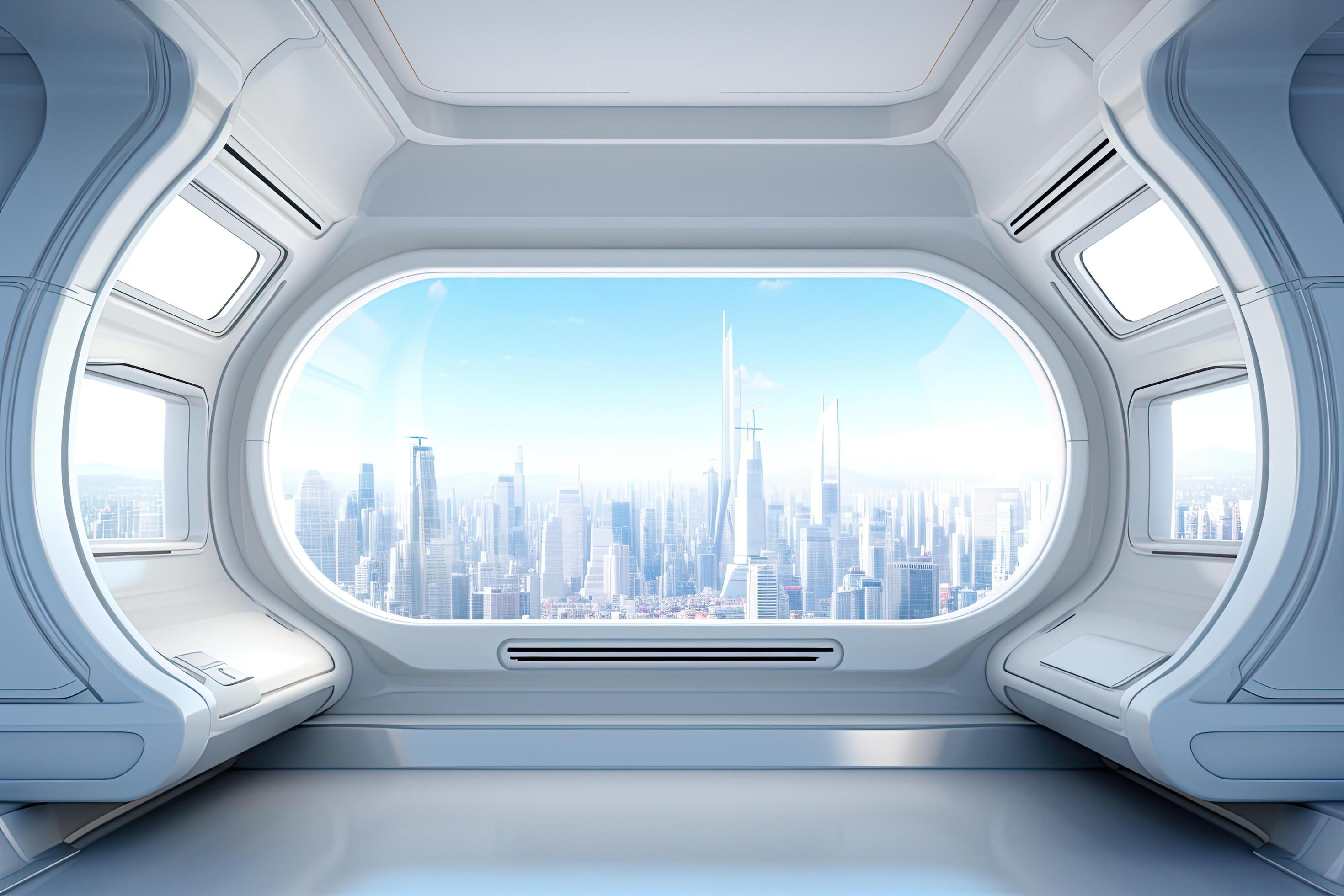 White spaceship interior with window and city view. 3D Rendering, White spaceship interior with ...
