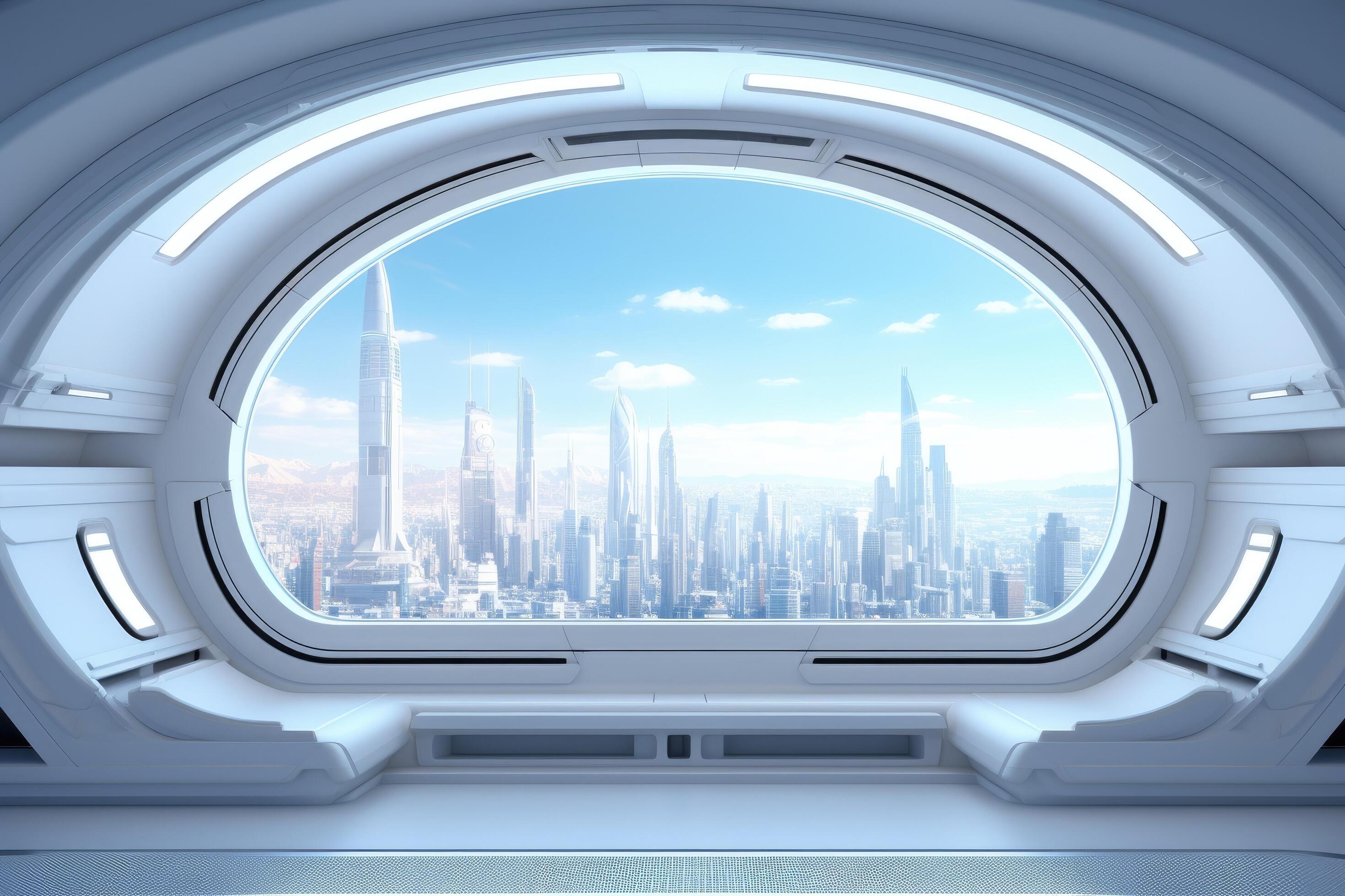 Spaceship interior with window view on city. 3D rendering, White spaceship interior with window ...