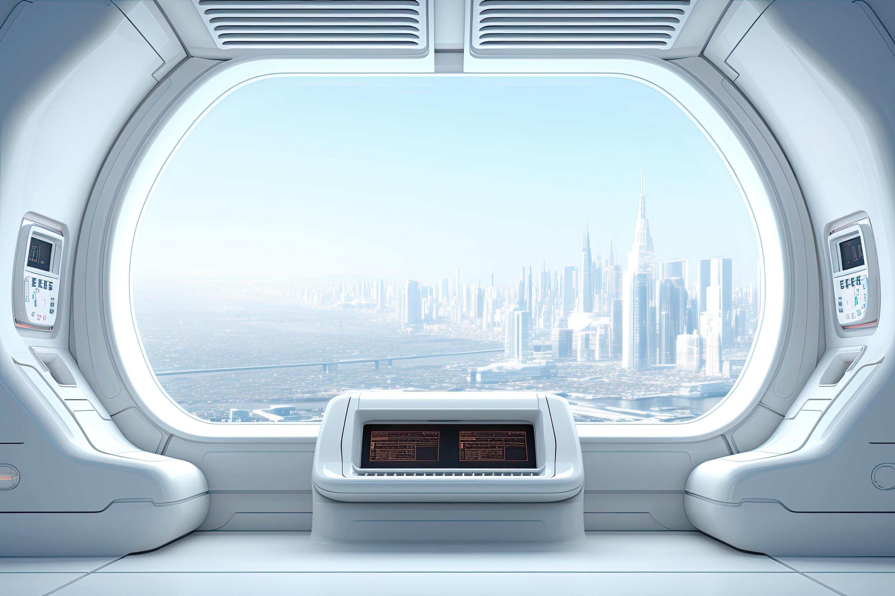 Futuristic spaceship interior with window view on city. 3D rendering, White spaceship interior ...