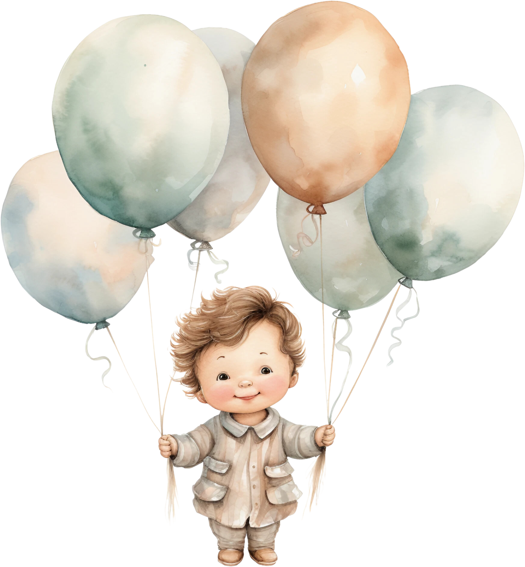 ai generado acuarela pequeño bebé flotante con globos clipart guardería contento niños al aire ...