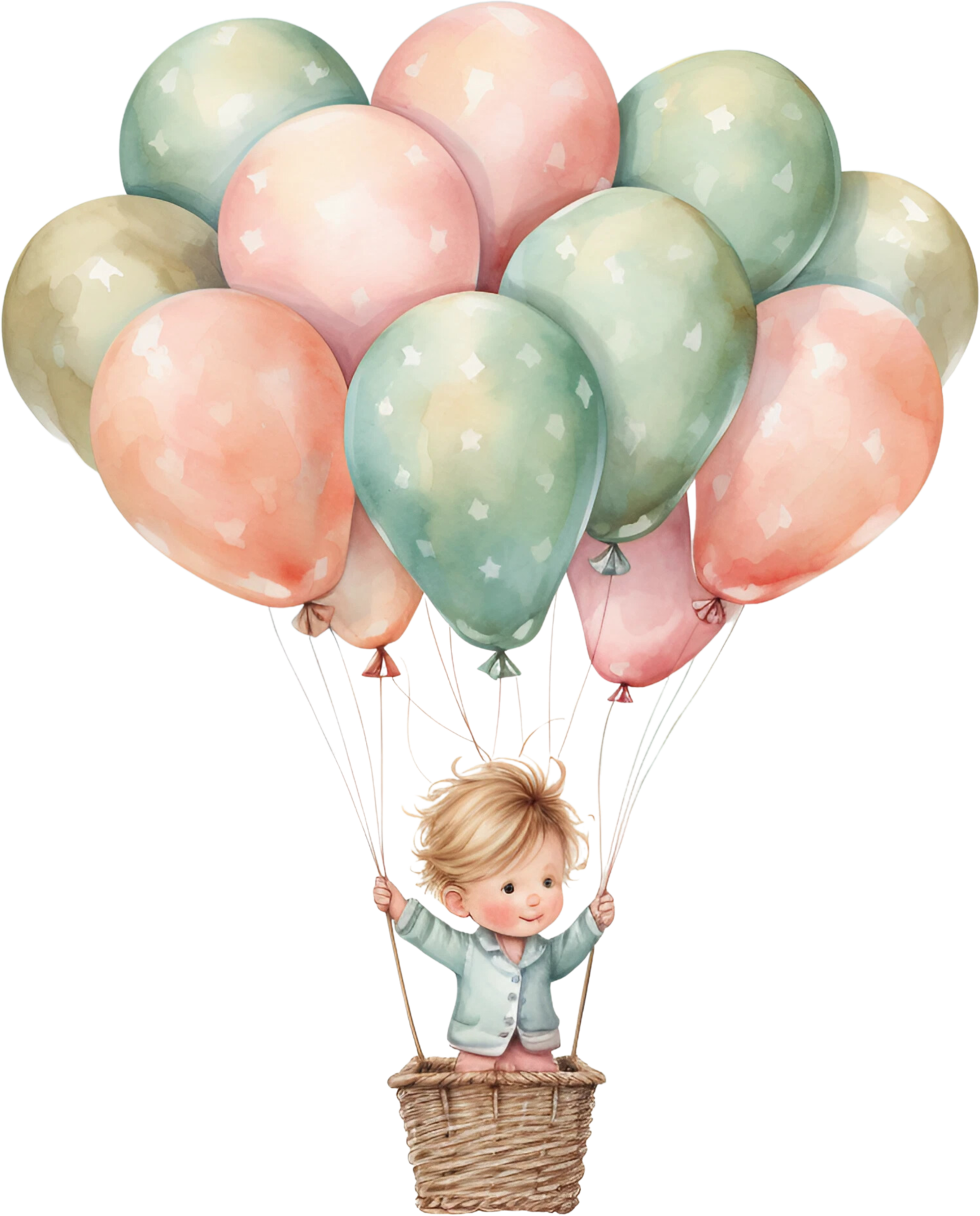 ai generado acuarela pequeño bebé flotante con globos clipart guardería contento niños al aire ...