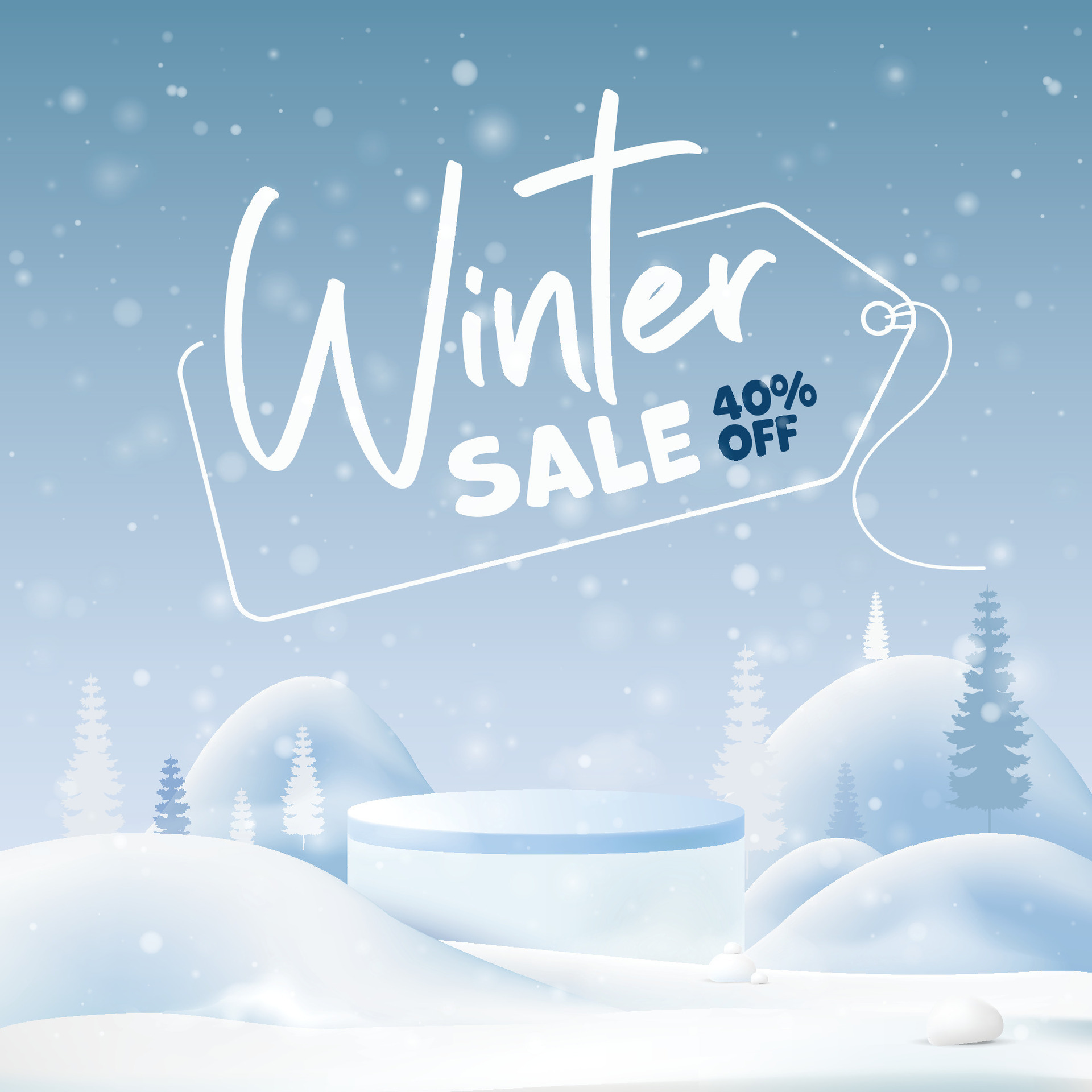 Winter sale product banner, podium platform with snow mountains and snowflakes background ...