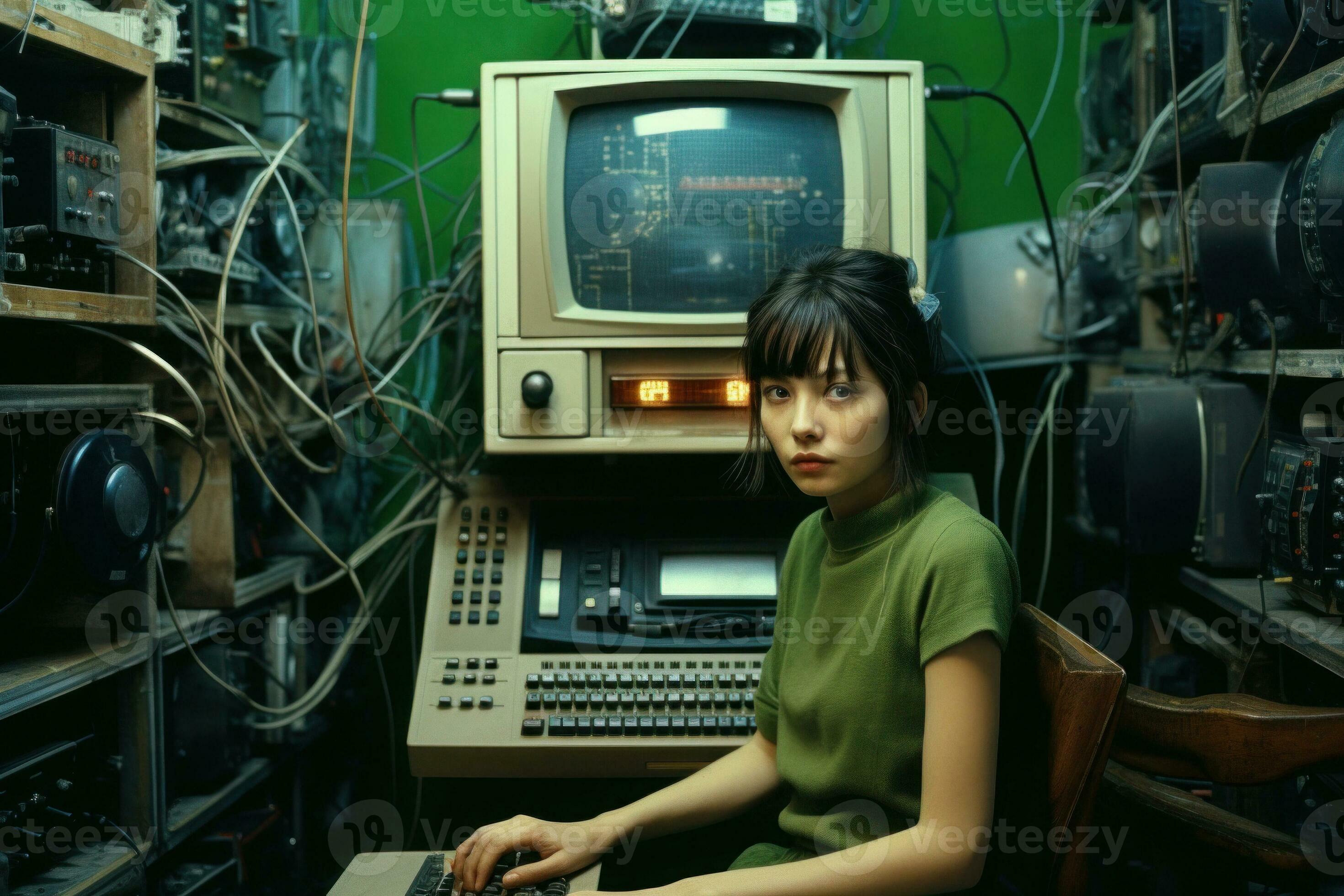 Woman using vintage computer. Generative AI 33283450 Stock Photo at Vecteezy