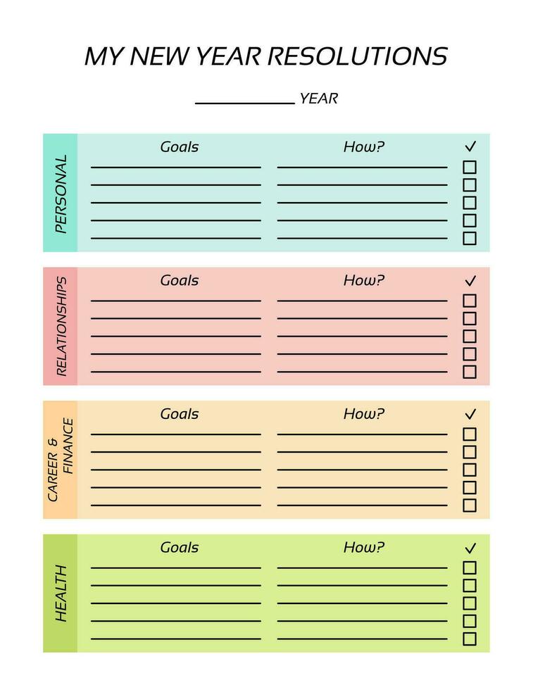 New Year resolutions template. Goals list worksheet. Vector blank page ...