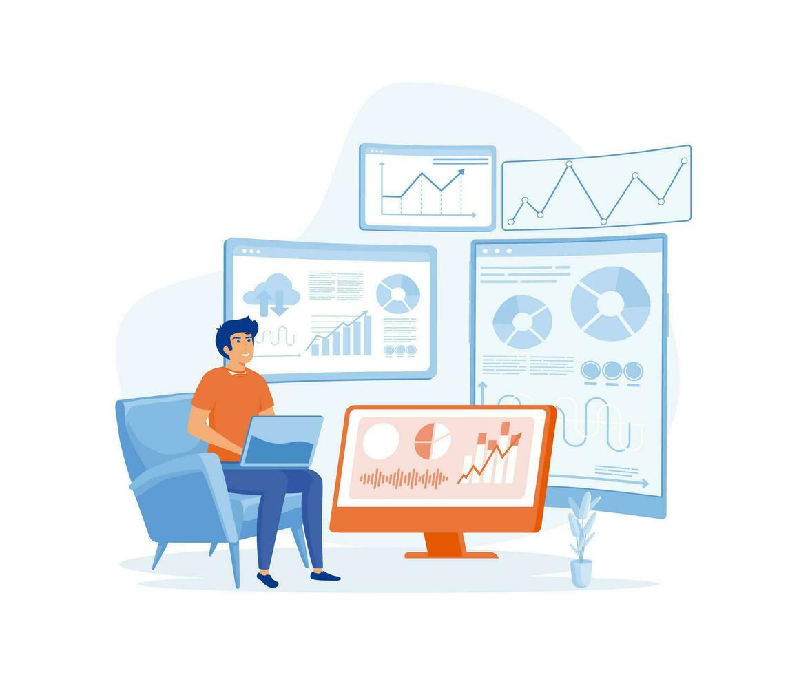 Man Working In Data Center Room Hosting Server Computer Monitoring Information Database Flat
