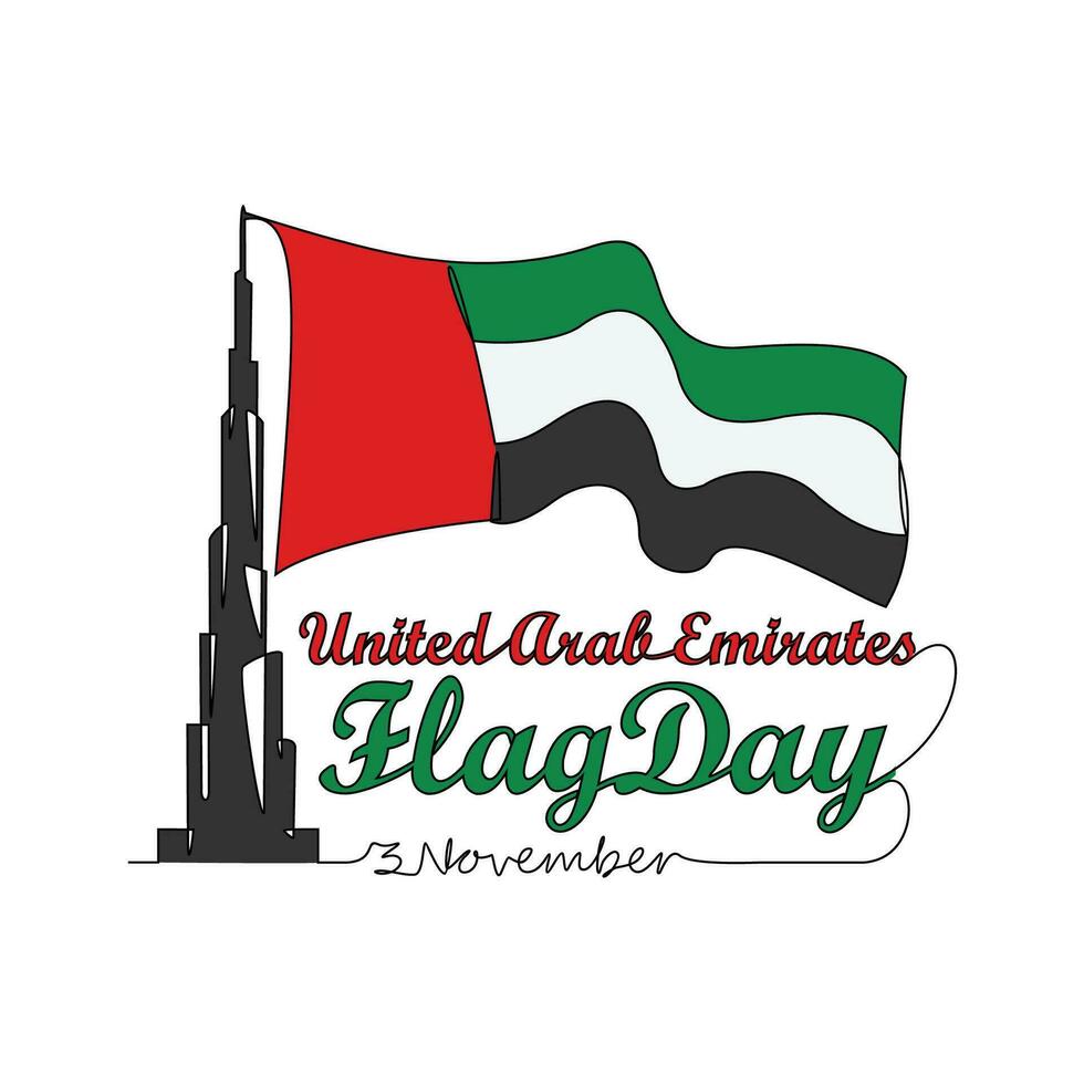 One continuous line drawing of UAE Flag Days on November 3rd. UAE Flag Days design in simple ...