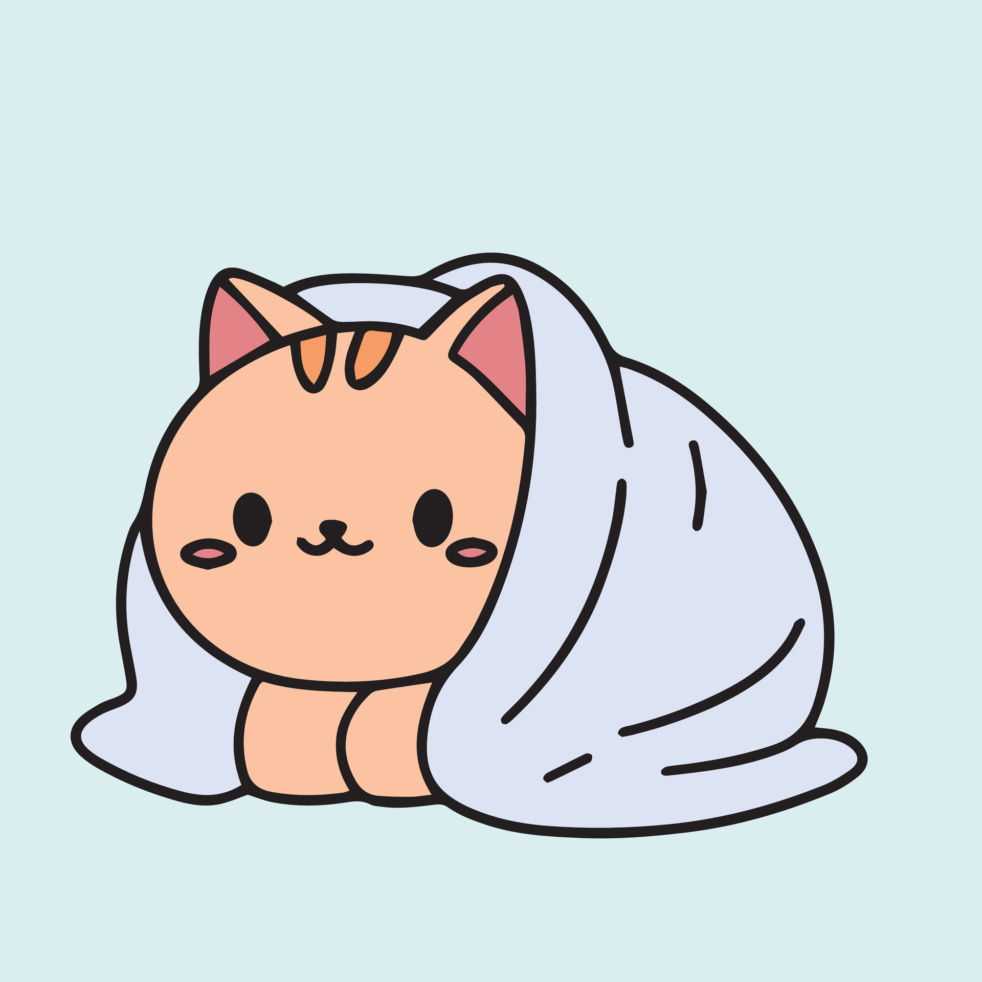 Cute Little Cat Under Blanket Cozy Kitty Wrapped In Blanked Colored Outline Hand Draw Vector