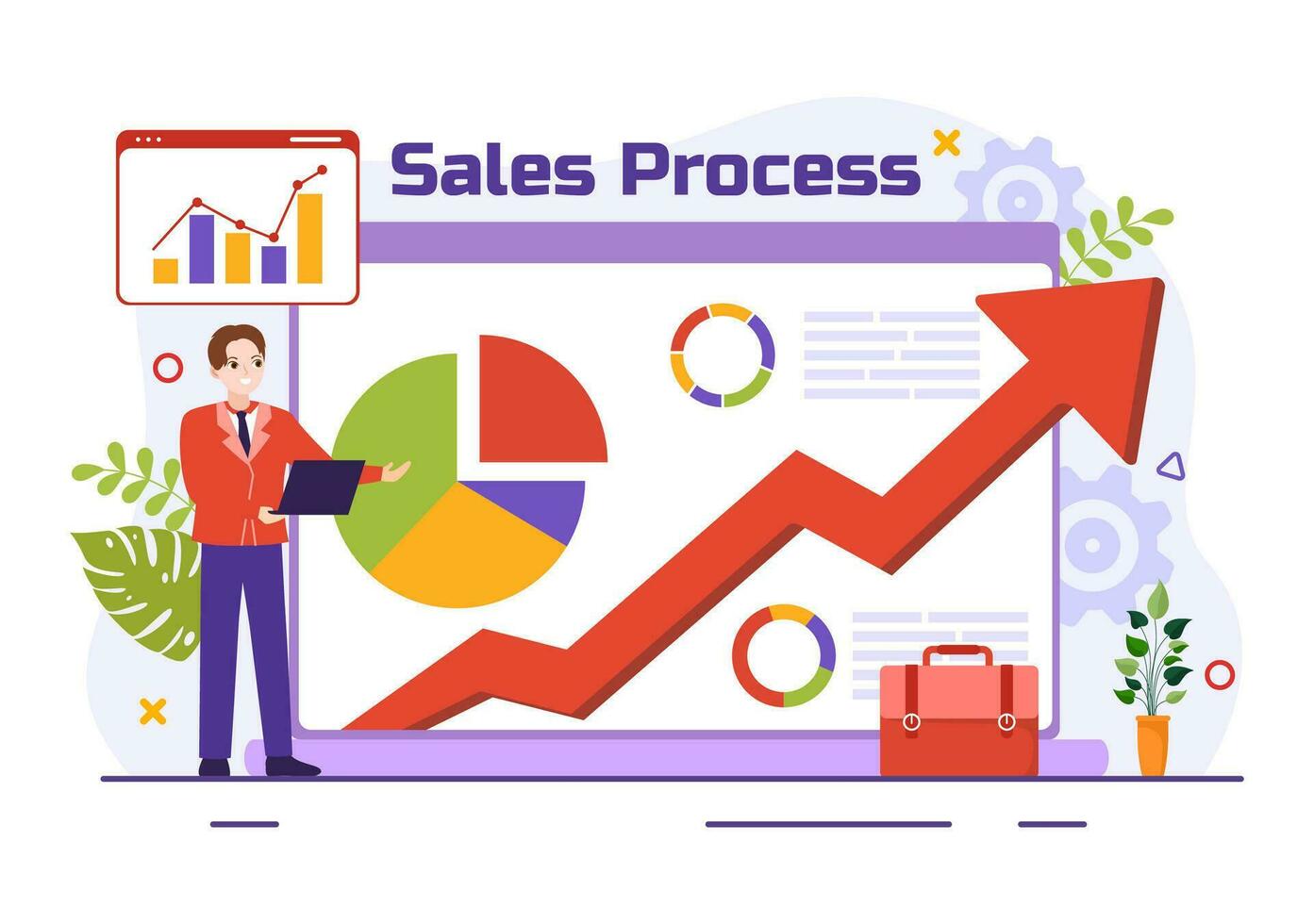 Sales Process Vector Illustration with Steps of Communication for Attracting New Customers and ...