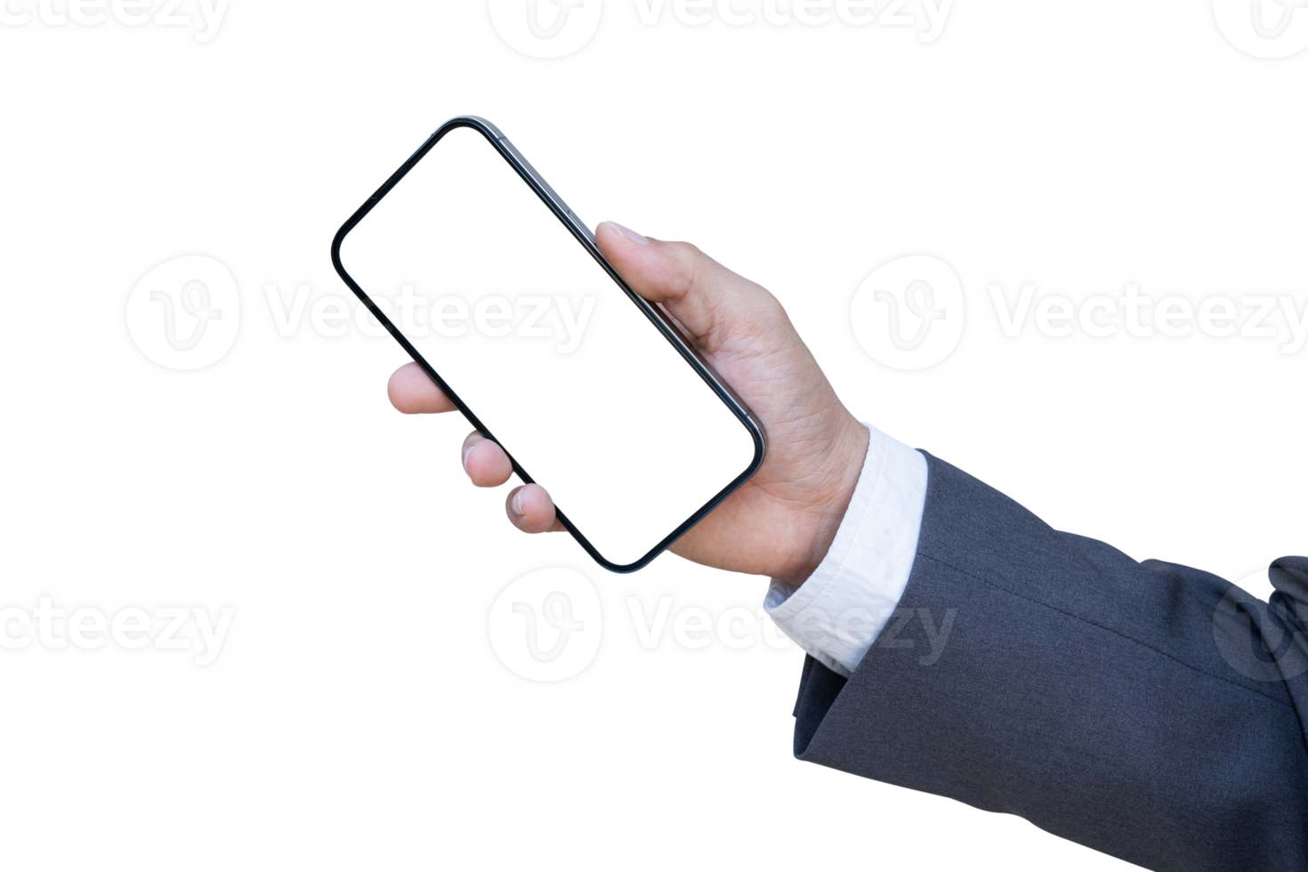 Businessman hand holding smartphone with blank transparent screen and ... Businessman hand holding smartphone with blank transparent screen and ...