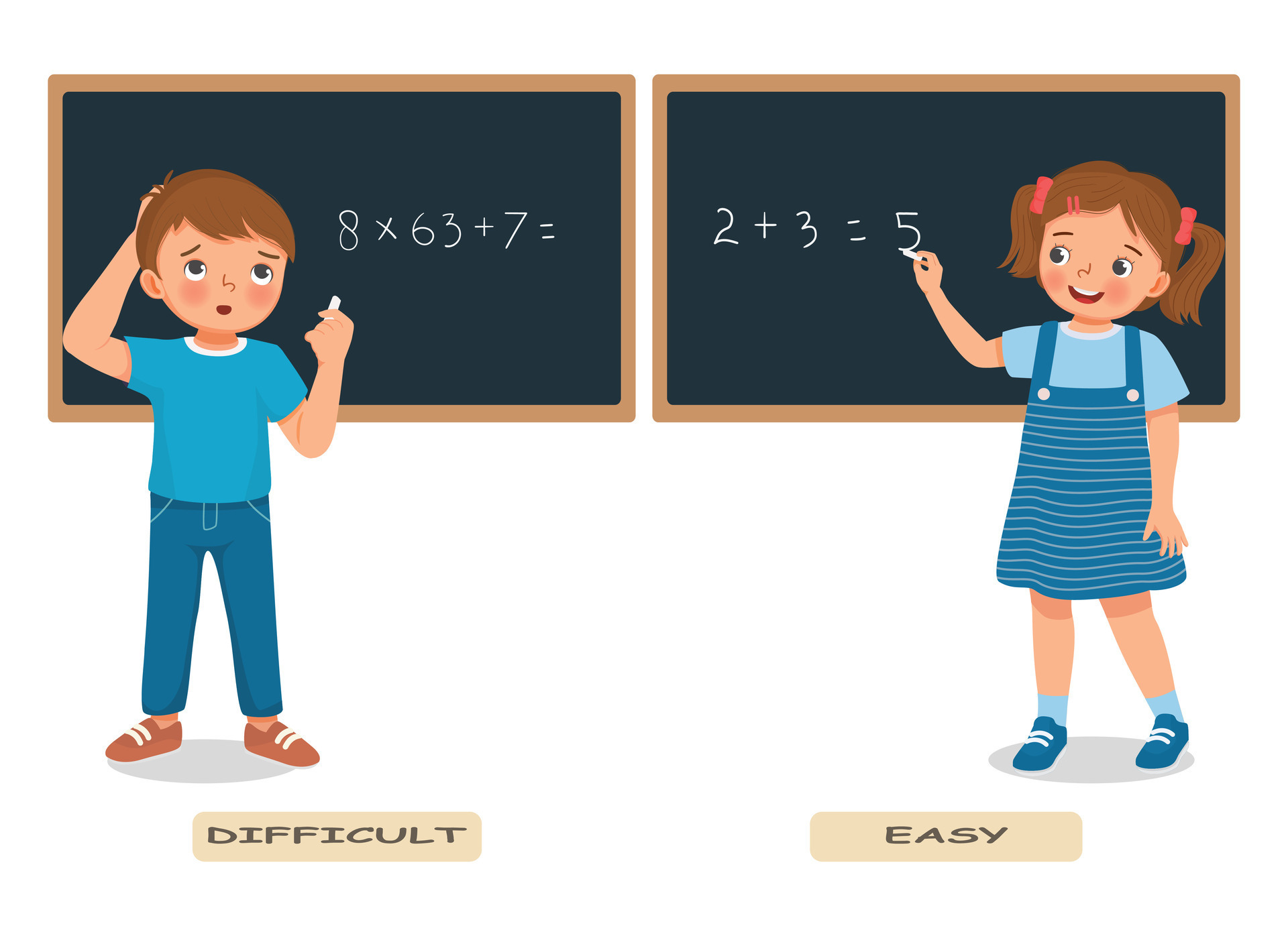 Opposite words antonym easy difficult with little boy girl solving math ... Opposite words antonym easy difficult with little boy girl solving math ...