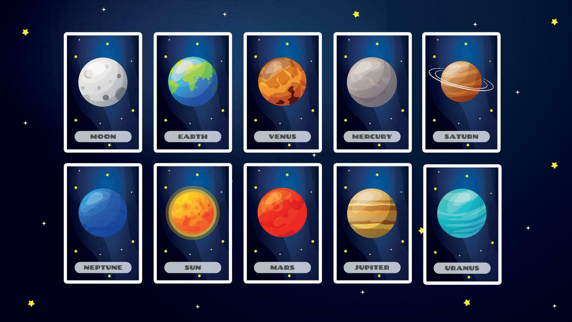 Cosmos flashcards with planet names for kids education. Solar system vector illustrations ...