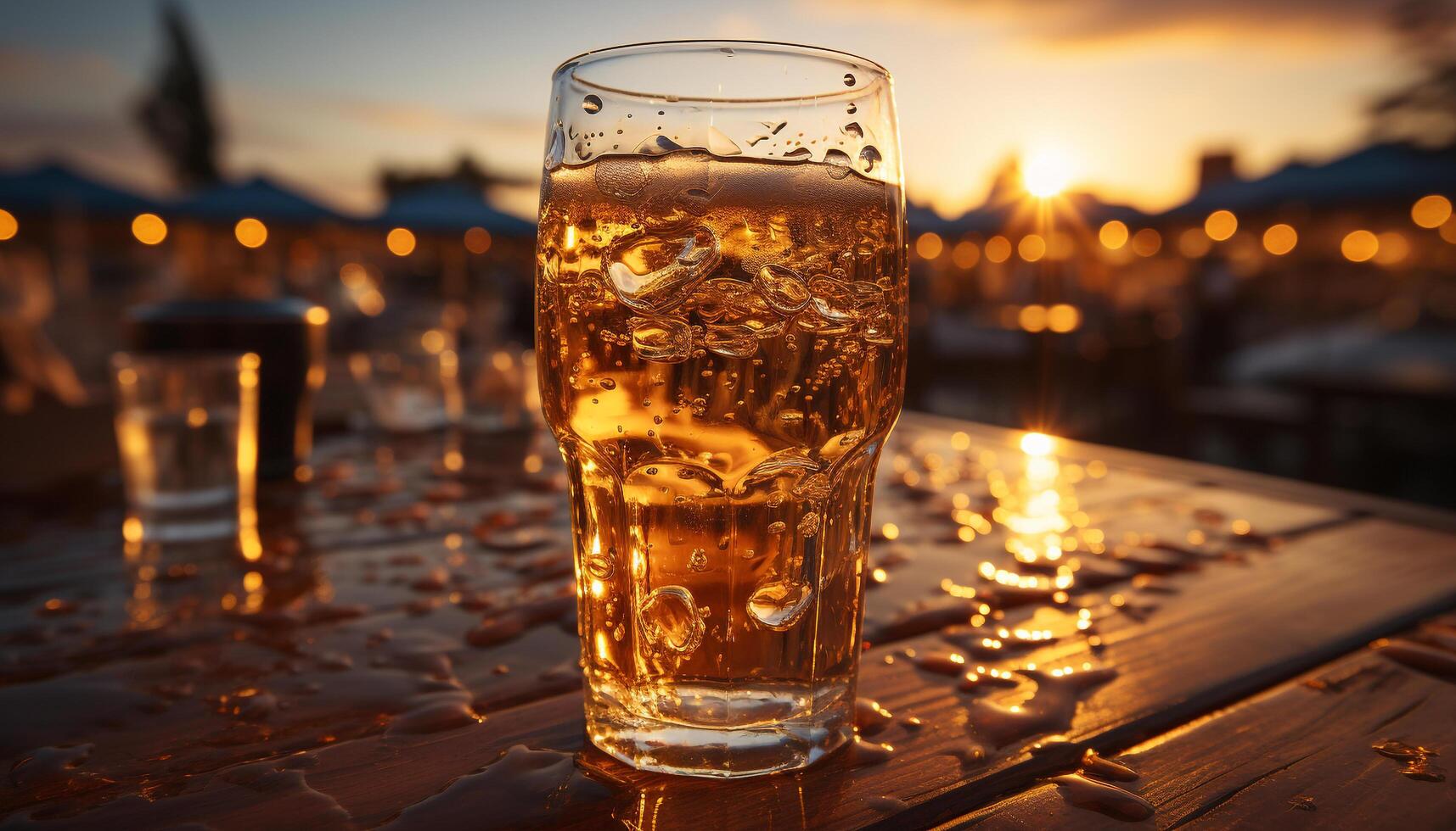 Sunset bar, drinking whiskey, ice drop, refreshing cocktail, summer celebration generated by AI ...