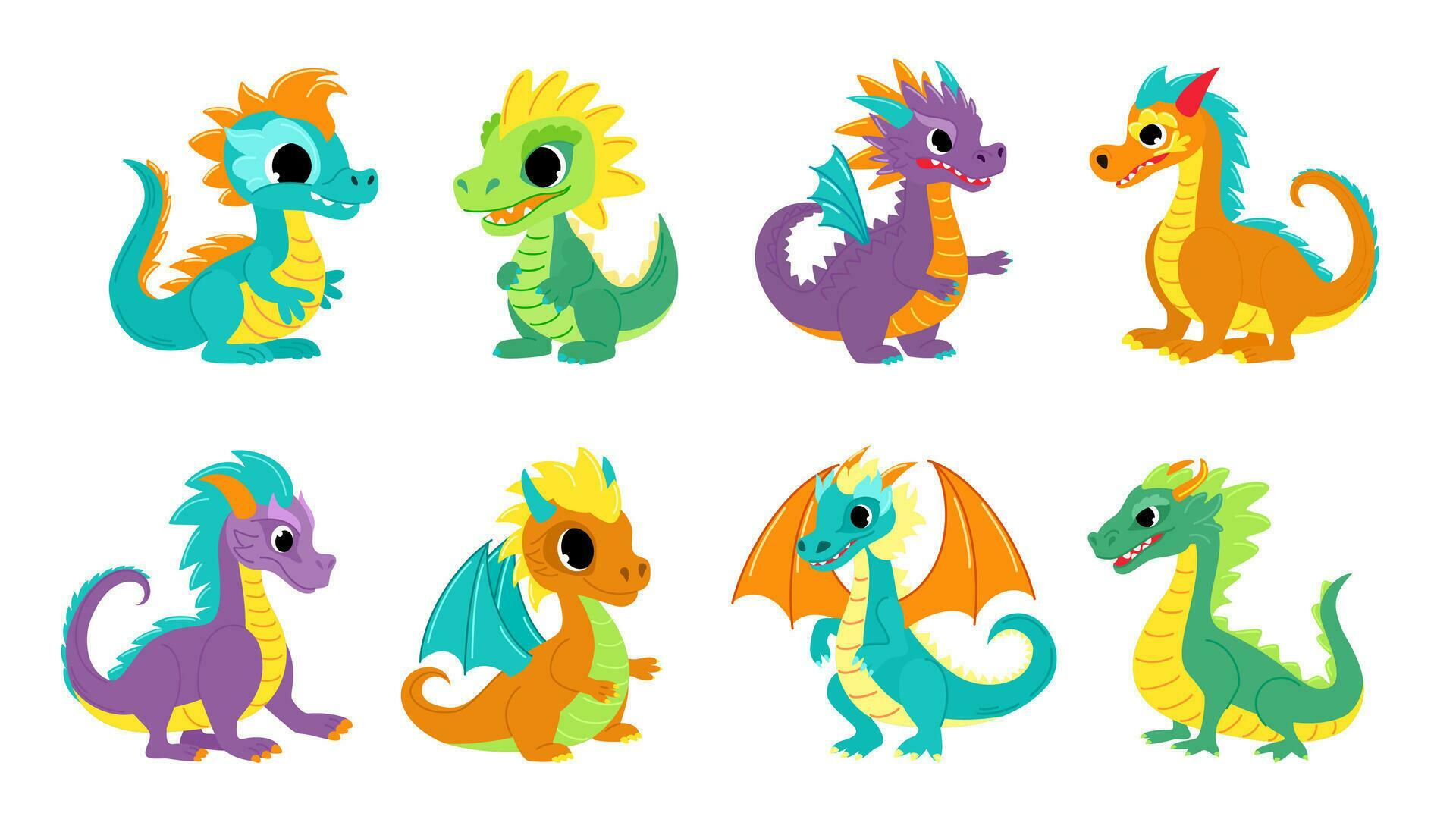 Set of cute dragons. Child dragon persona. Cartoon modern style vector ...