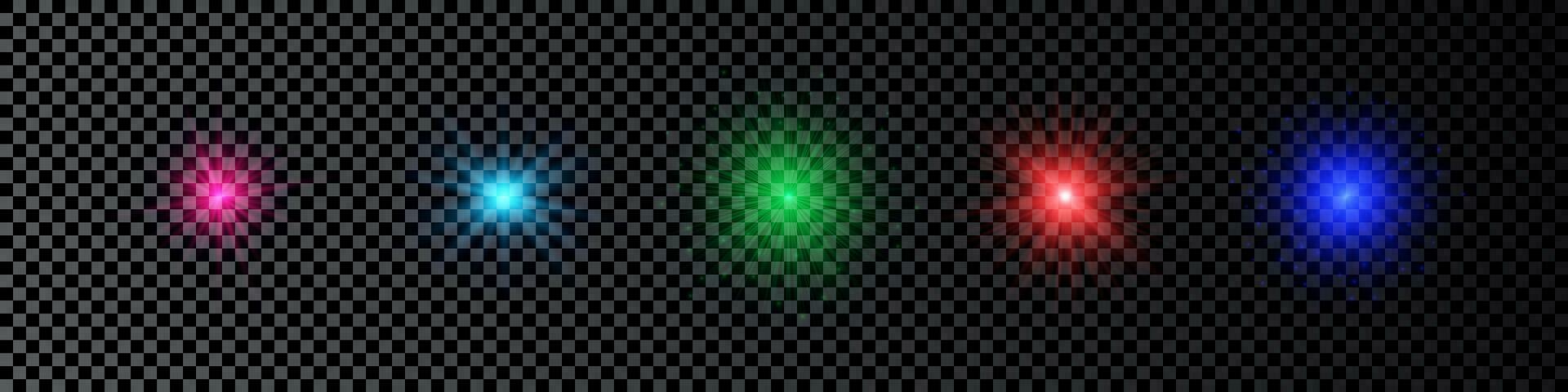 Light effect of lens flares. Set of five multicolor glowing lights starburst effects with ...