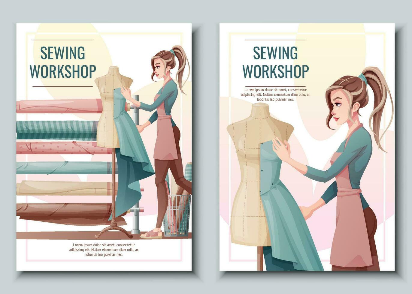 Set of Flyer design with seamstress. Banner poster with a girl creating clothes on a mannequin ...