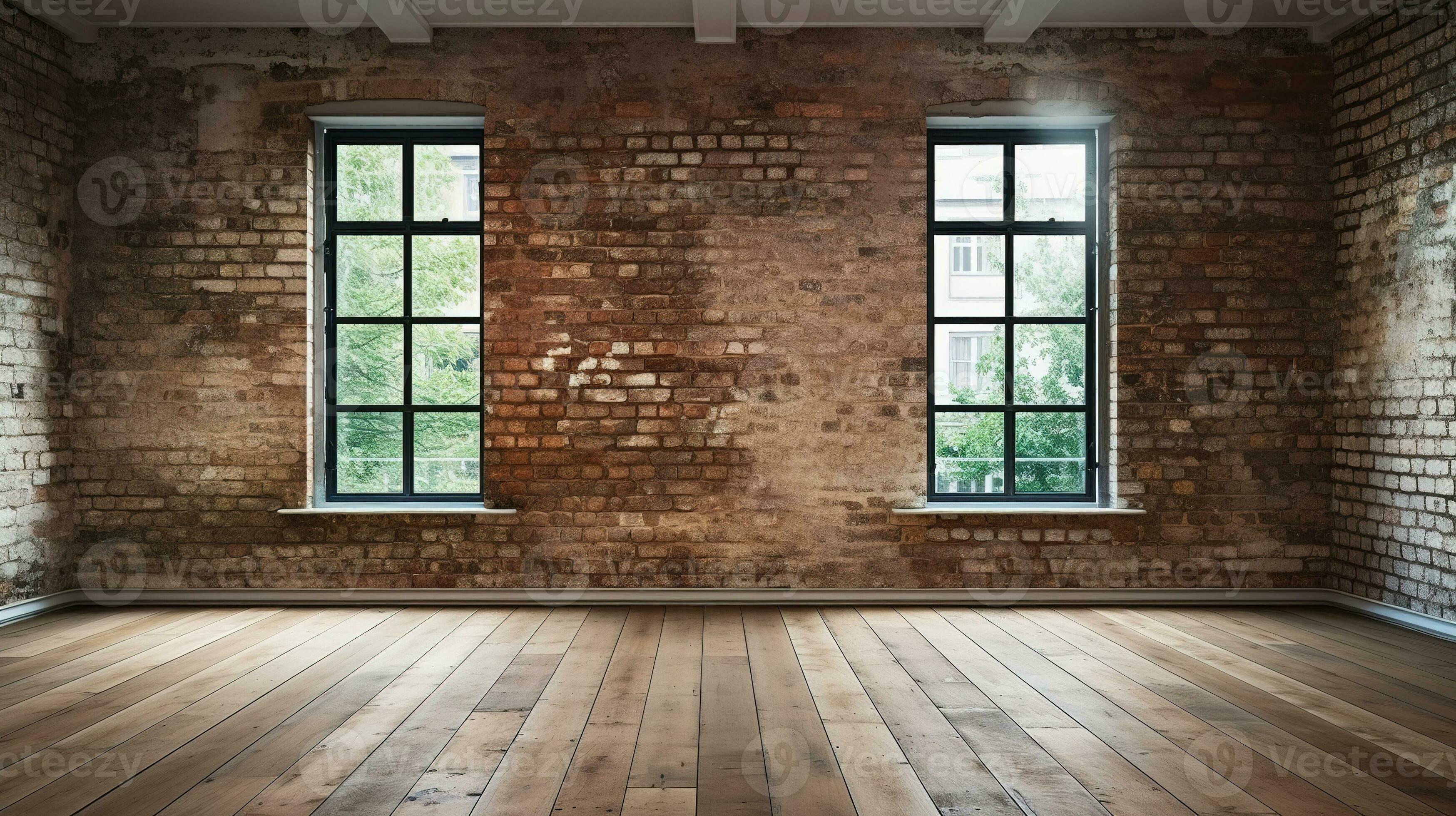 3D rendering of an empty room with big window in loft style. Wooden ...