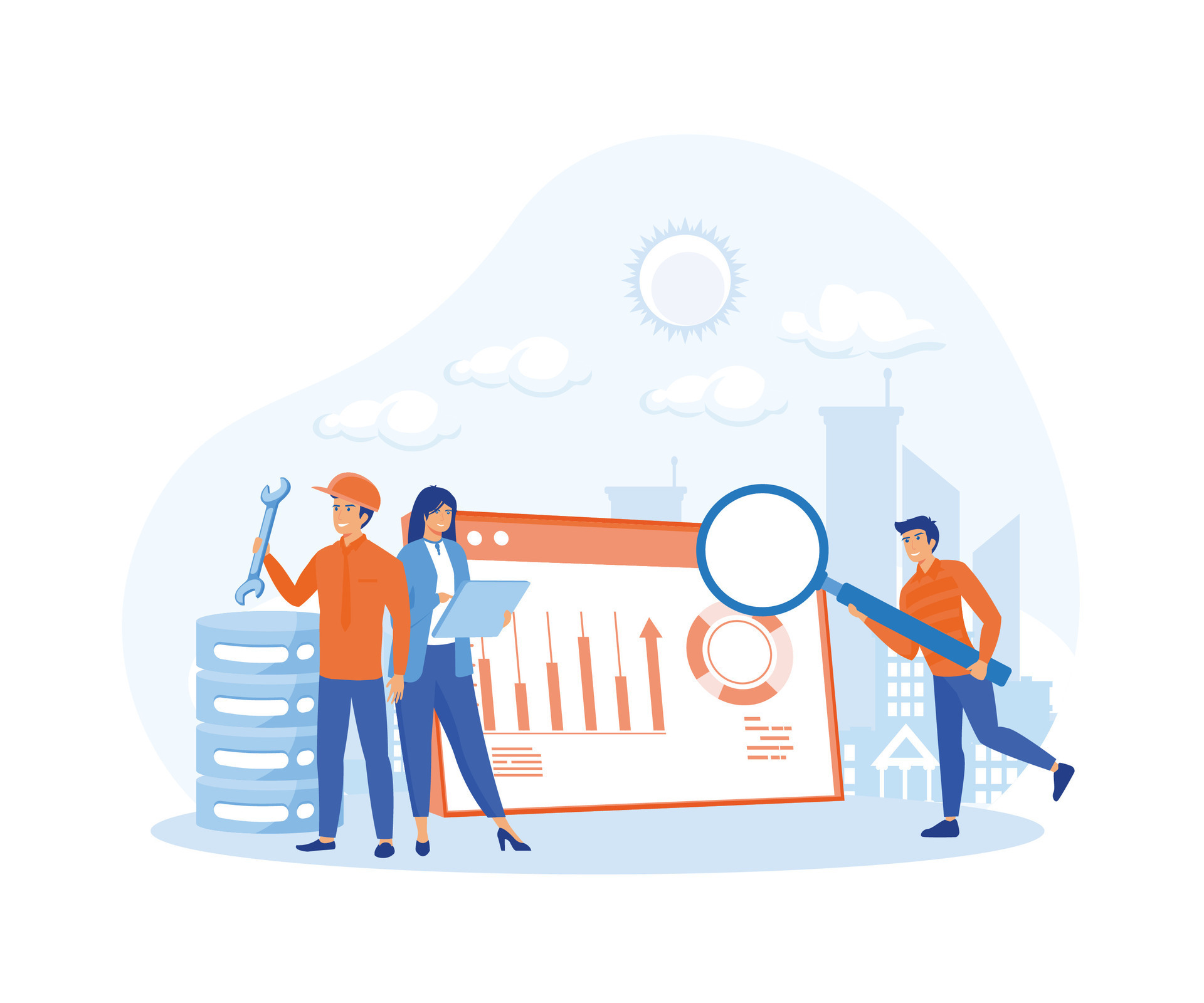Web hosting or cloud computing poster with system admins. flat vector ... Web hosting or cloud computing poster with system admins. flat vector ...