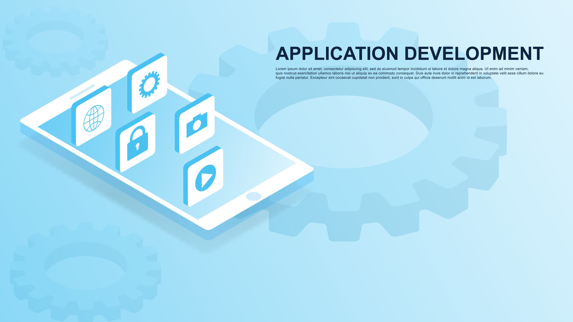 Application development with isometric smartphone and 3D gear. Digital ...