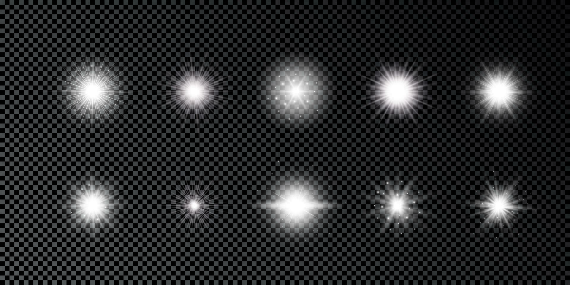 Light effect of lens flares. Set of ten white glowing lights starburst effects with sparkles on ...